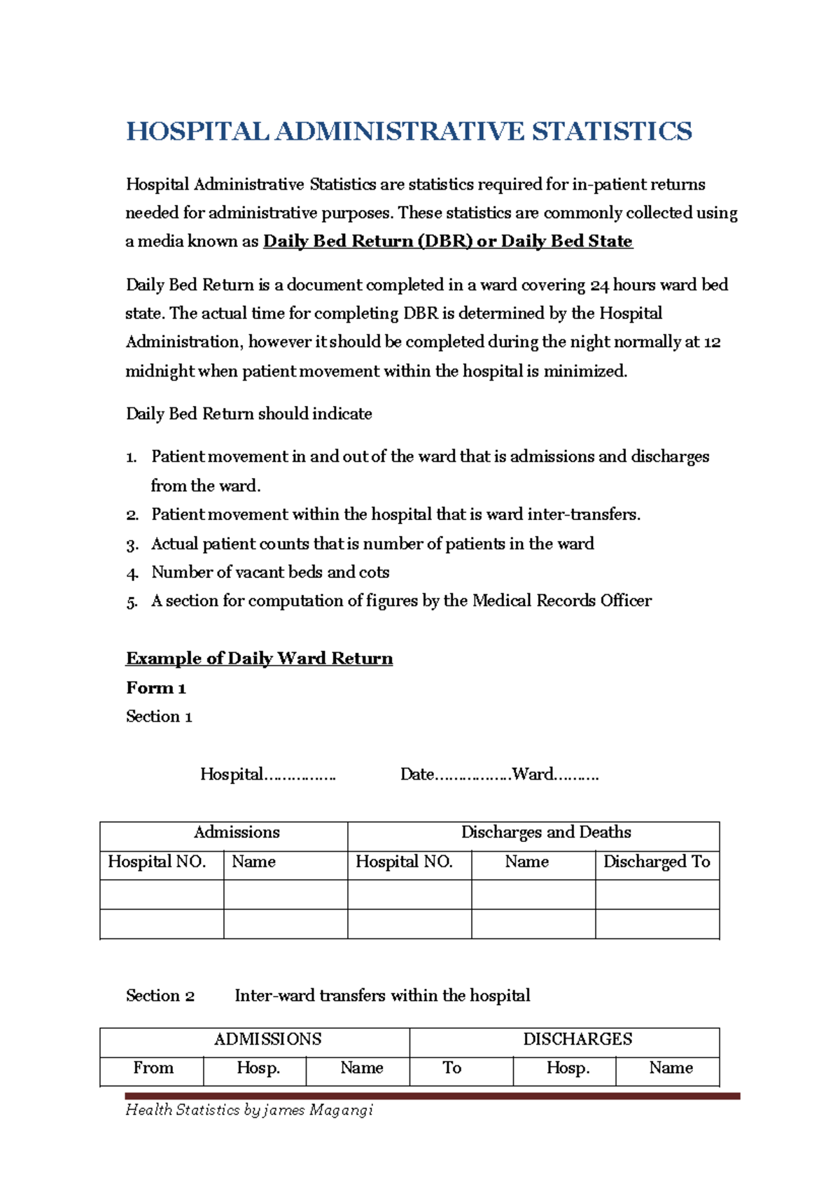 HOSP 101: Administrative Statistics and Daily Bed Returns - Studocu