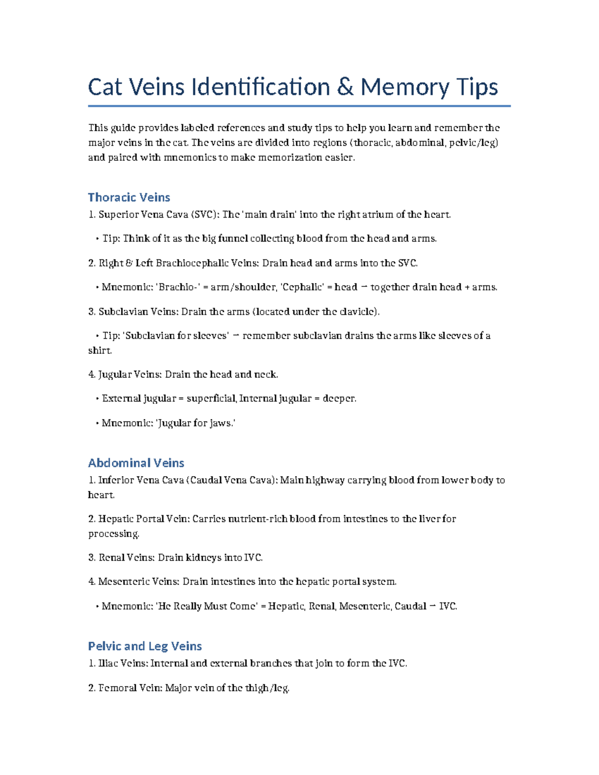 Cat Veins Identification Tips - Study Guide for Vet Students - Studocu
