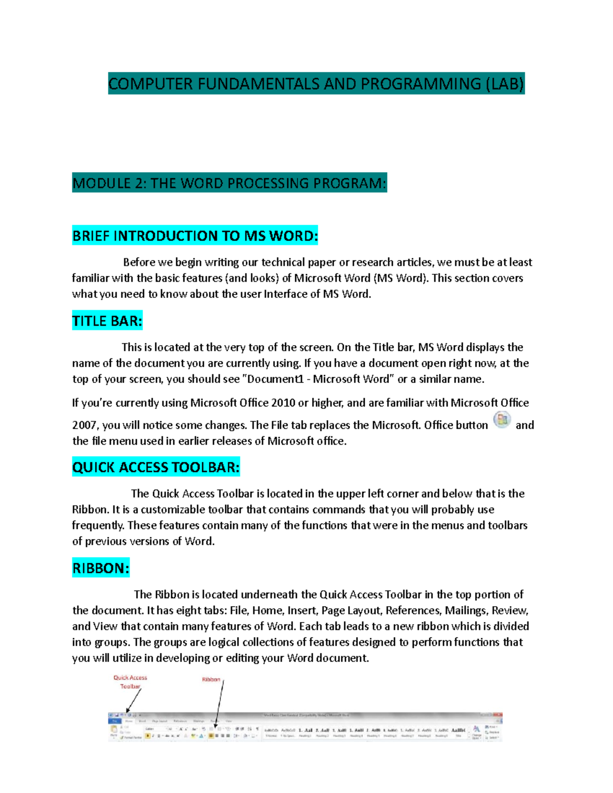 COMPUTER FUNDAMENTALS: MODULE 2 - INTRO TO MS WORD FEATURES - Studocu