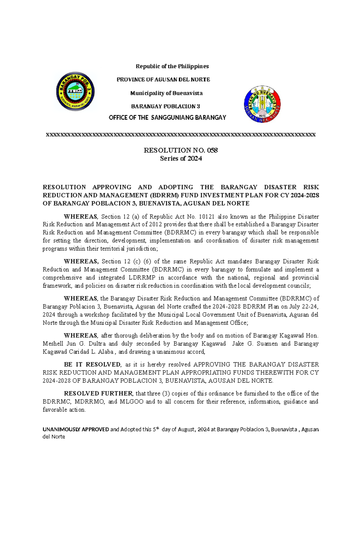 Reso-058: Adoption of 2024 BDRRM Fund Investment Plan for Poblacion 3 ...