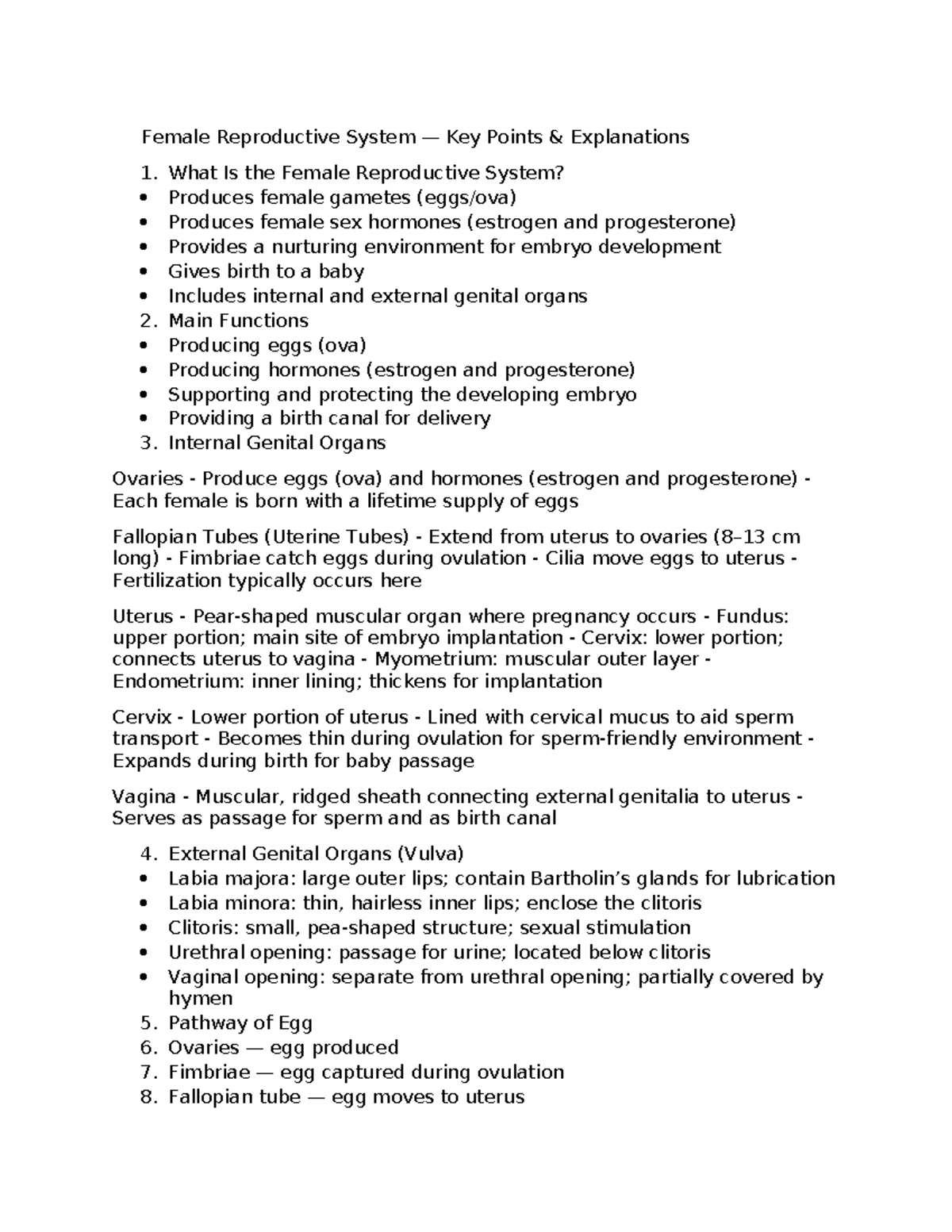 Female Reproductive System Summary: Key Points & Functions - Studocu