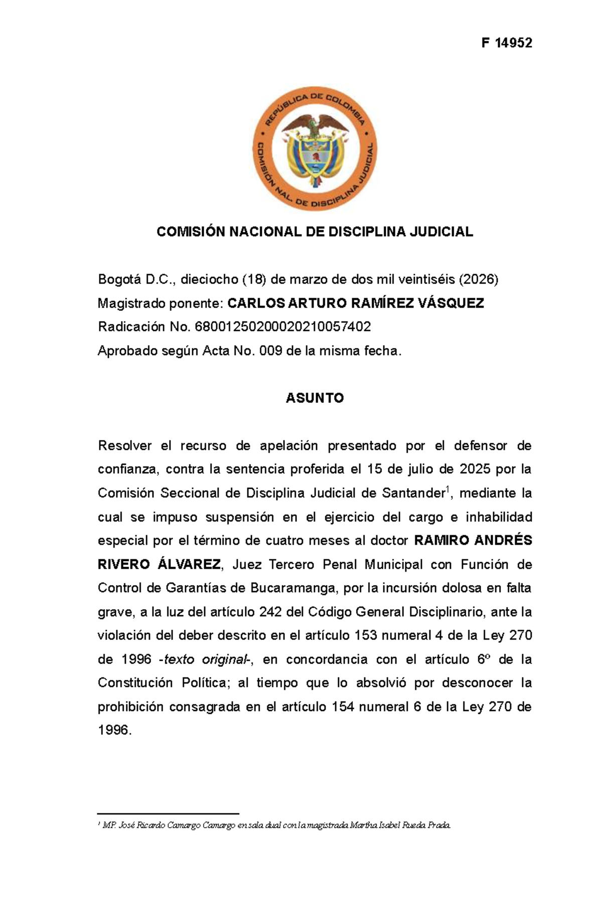 F 14952 Resolución de Apelación en Caso de Juez Ramiro Rivero - Studocu