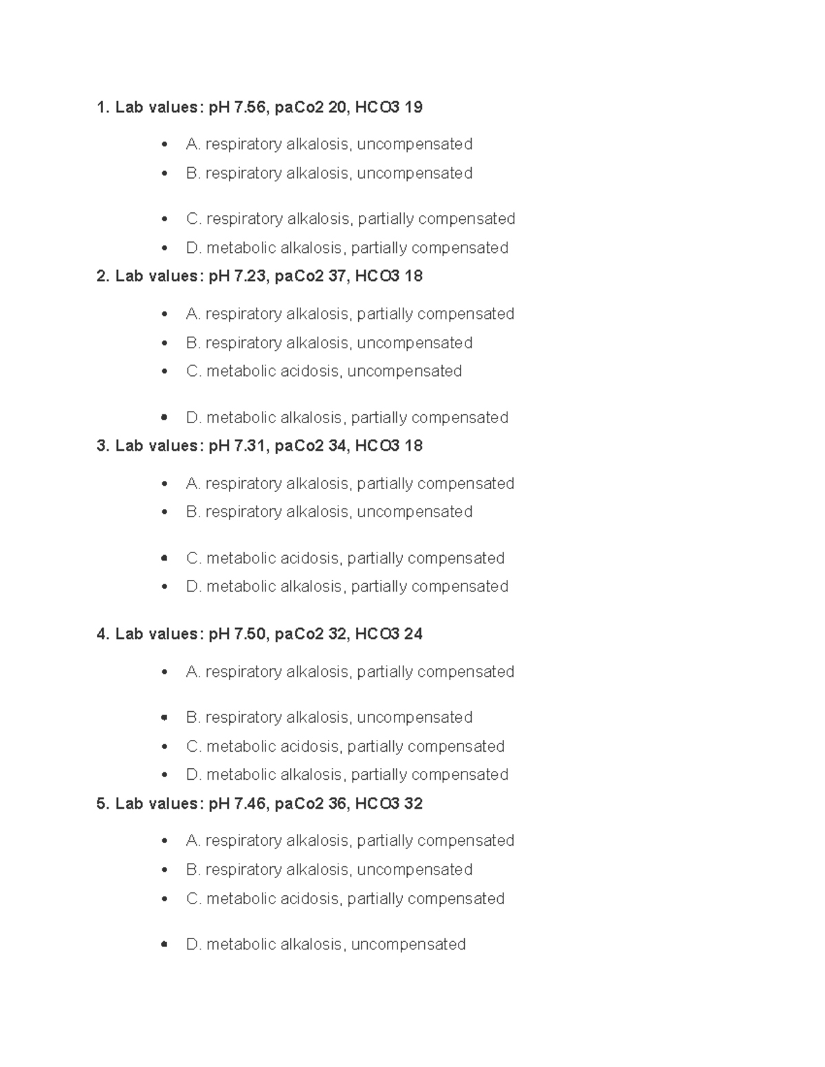 ABG Practice Questions: Acid-Base Balance Lab Values & Scenarios - Studocu