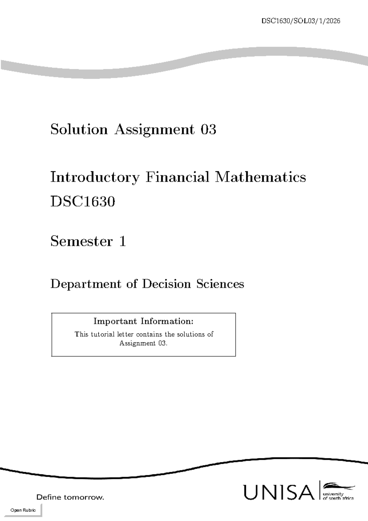 DSC1630 Assignment 03 Solutions - Introductory Financial Mathematics ...