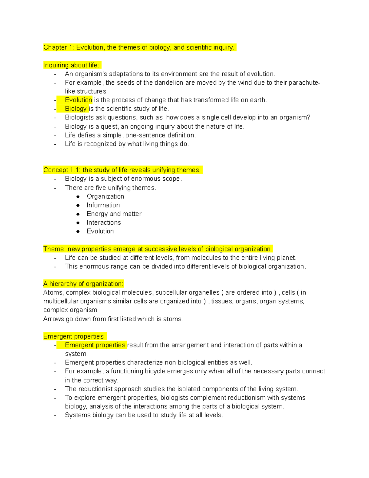 chapter 1 BIO lec - Chapter 1: Evolution, the themes of biology, and ...