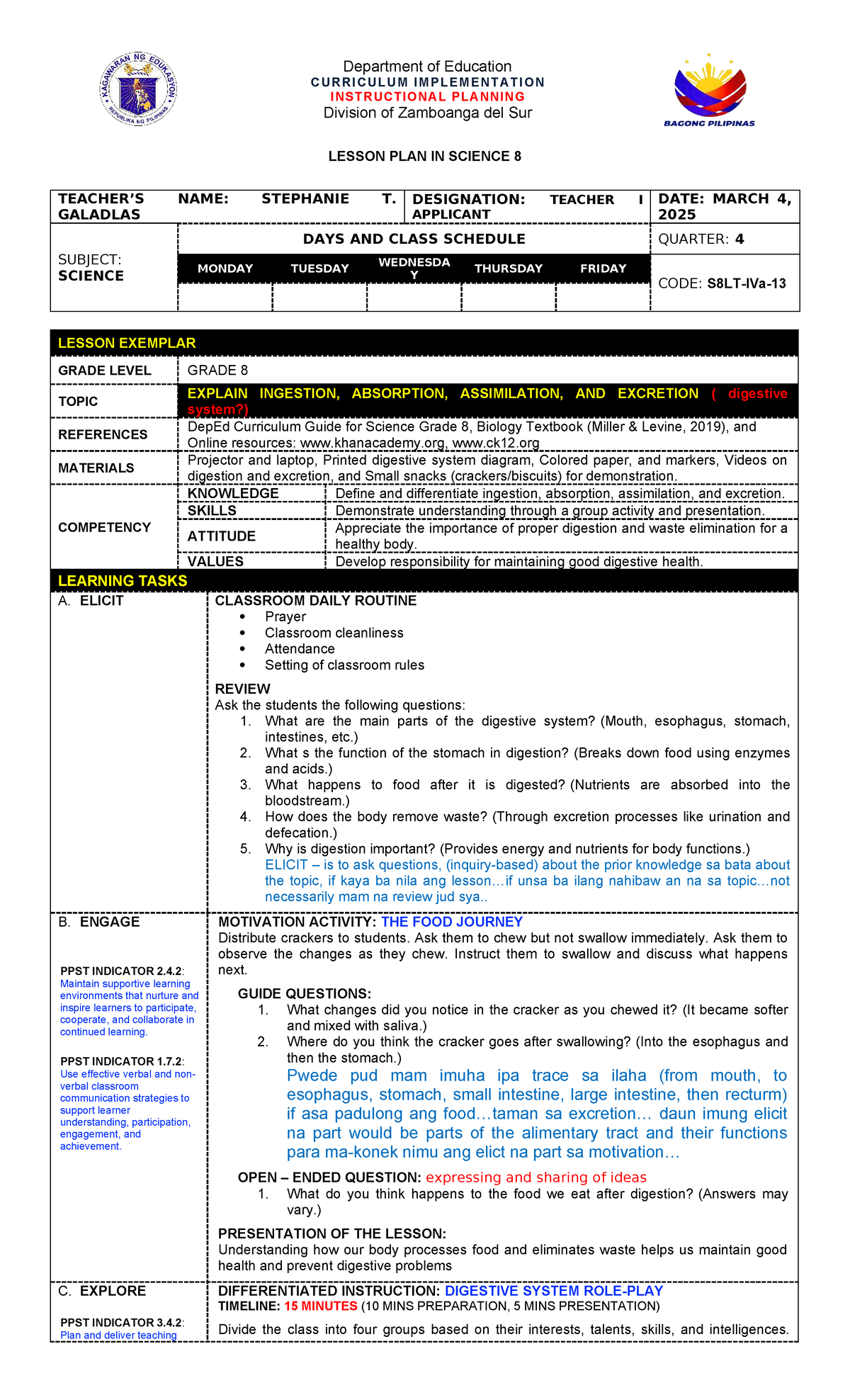 Grade 8 Science Lesson Plan: Ingestion, Absorption, Assimilation ...