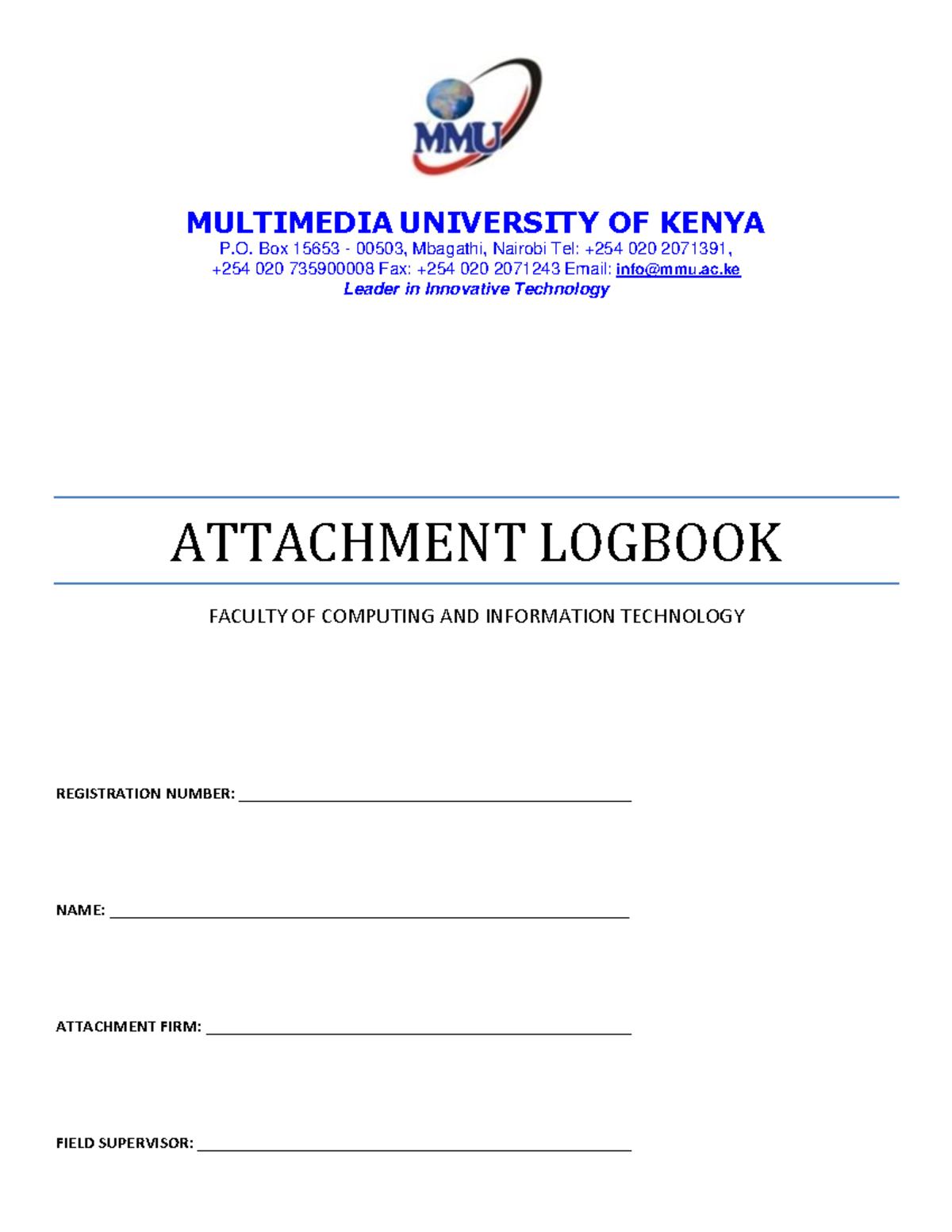 CIT 250526 Attachment Logbook: 8-Week Industrial Training Record - Studocu