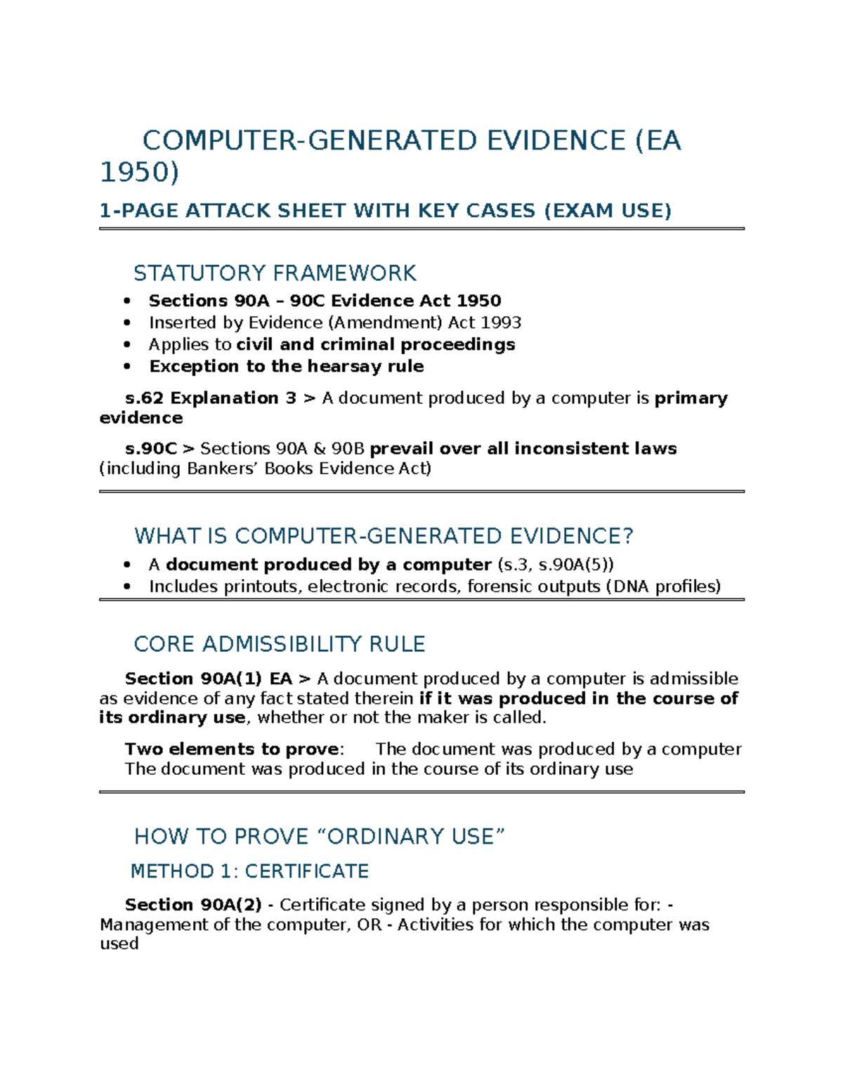 EVIDENCE (EA 1950) ATTACK SHEET: KEY CASES & STATUTORY FRAMEWORK - Studocu