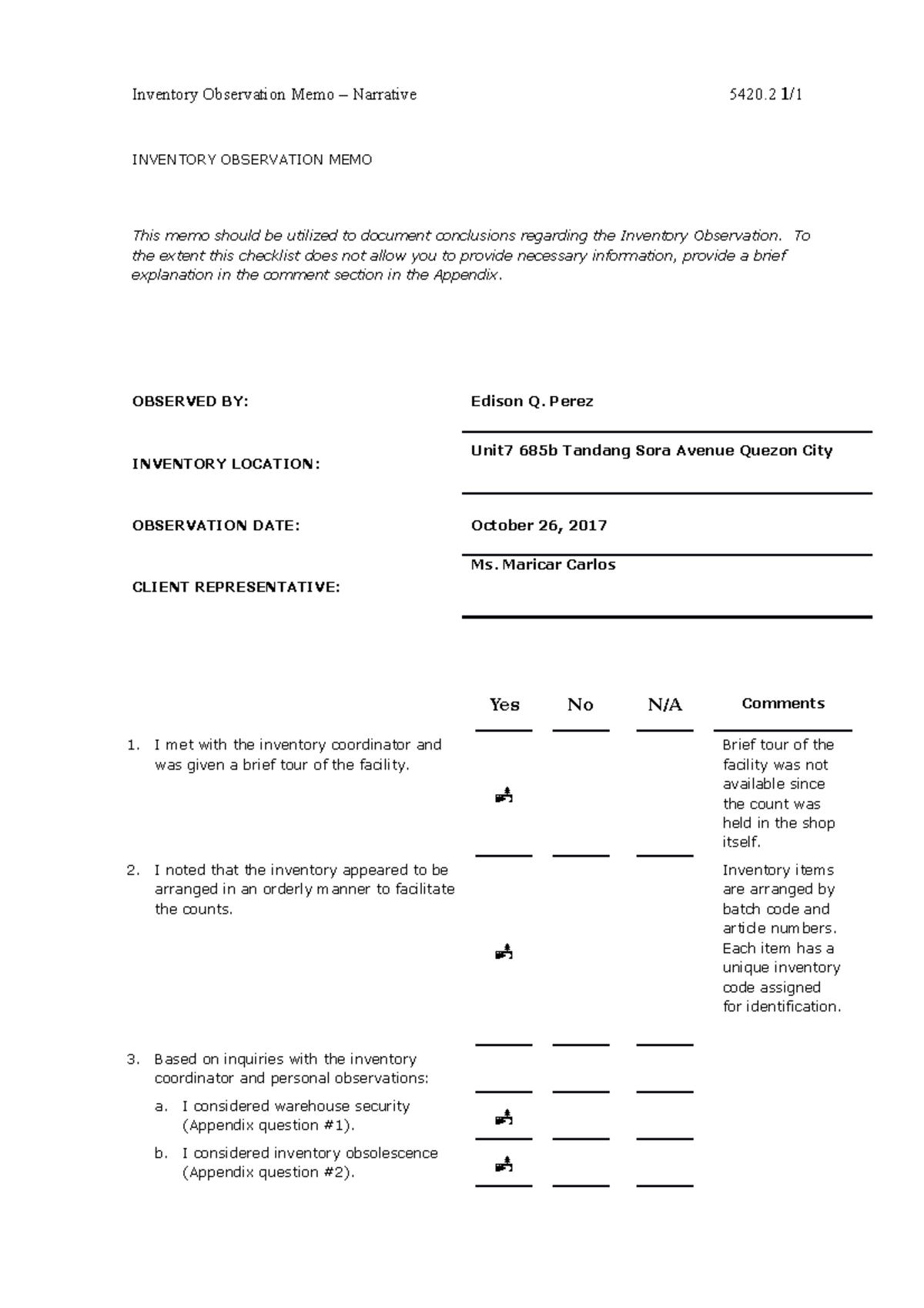 Inventory Observation MEMO - Inventory Observation Memo – Narrative ...
