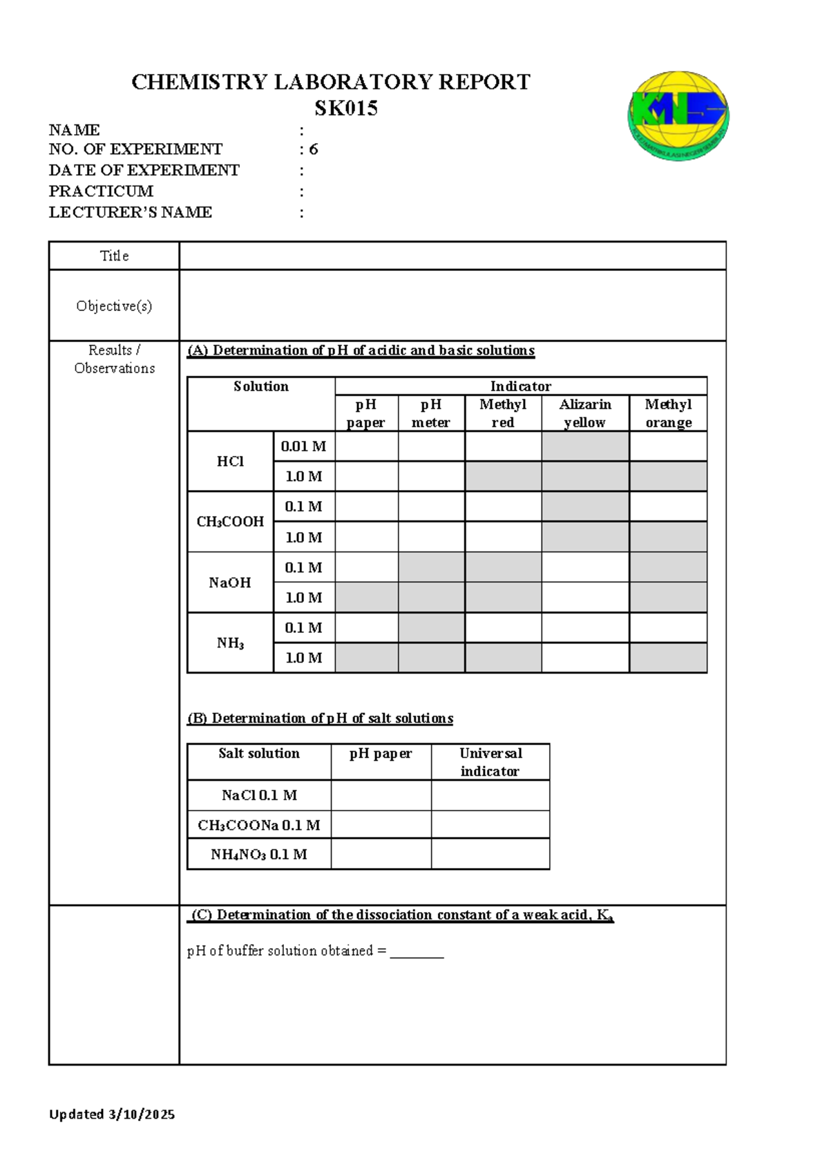 CHEMISTRY LAB REPORT SK015: SEM 1 EXP 6 - pH Determination & Buffer ...