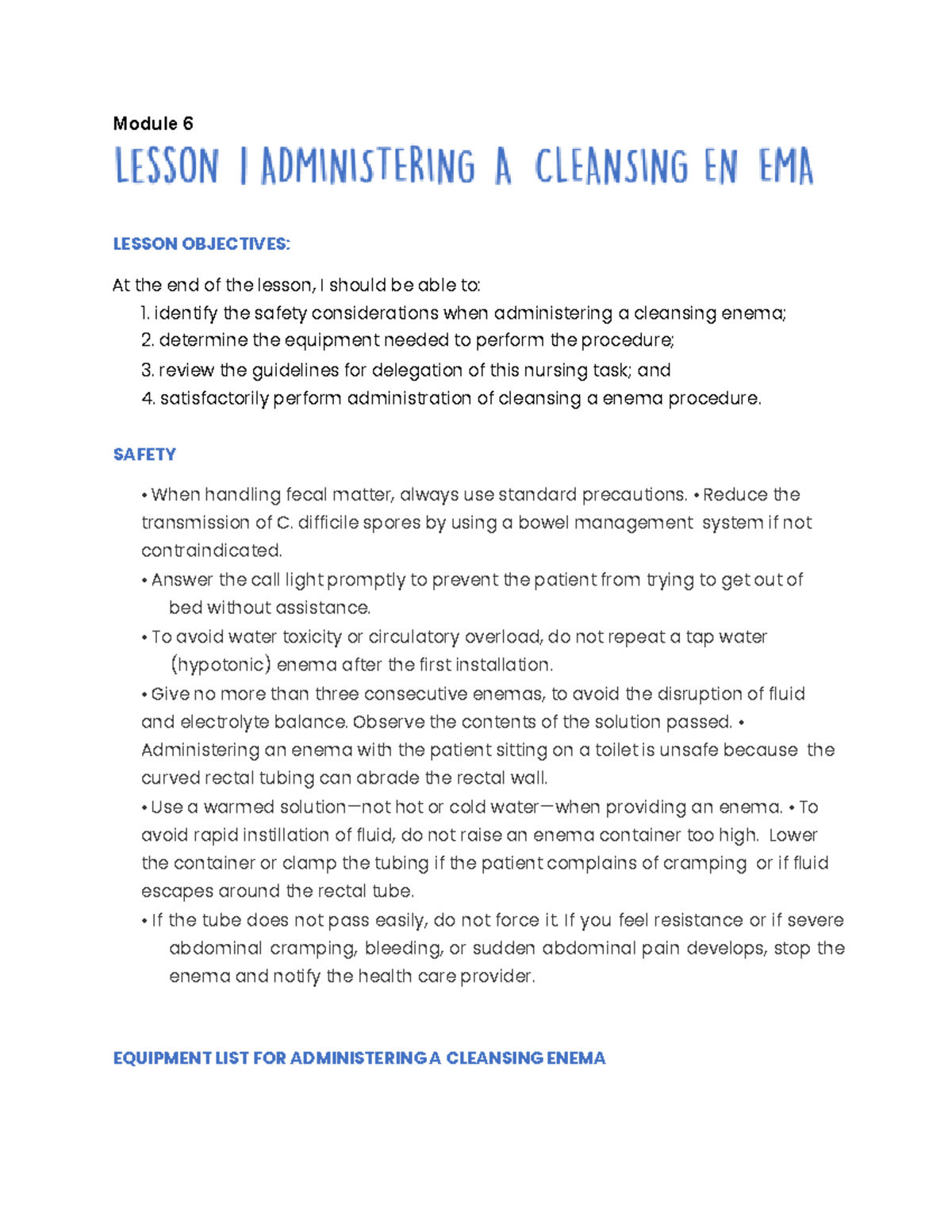Lesson 1: Administering Cleansing Enema Safely and Effectively - Studocu