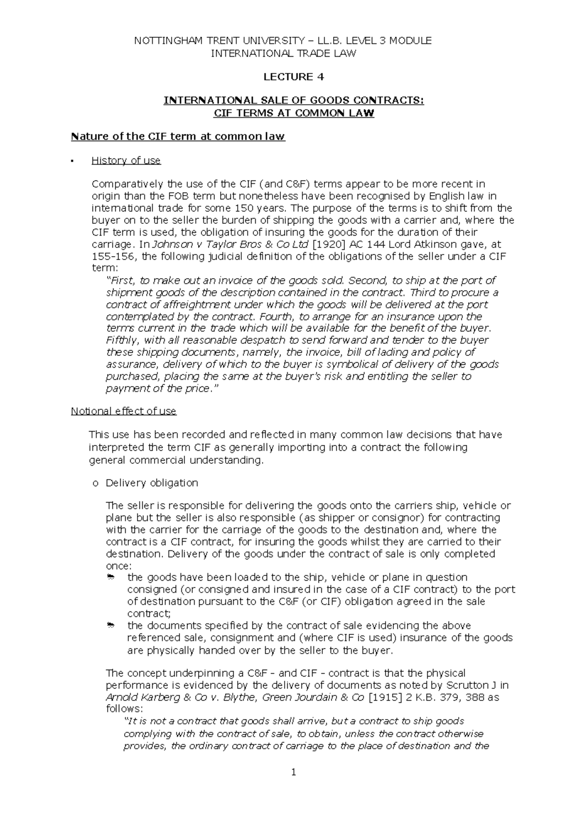 Lecture 4 - International Sale of Goods Contracts - CIF terms at common ...