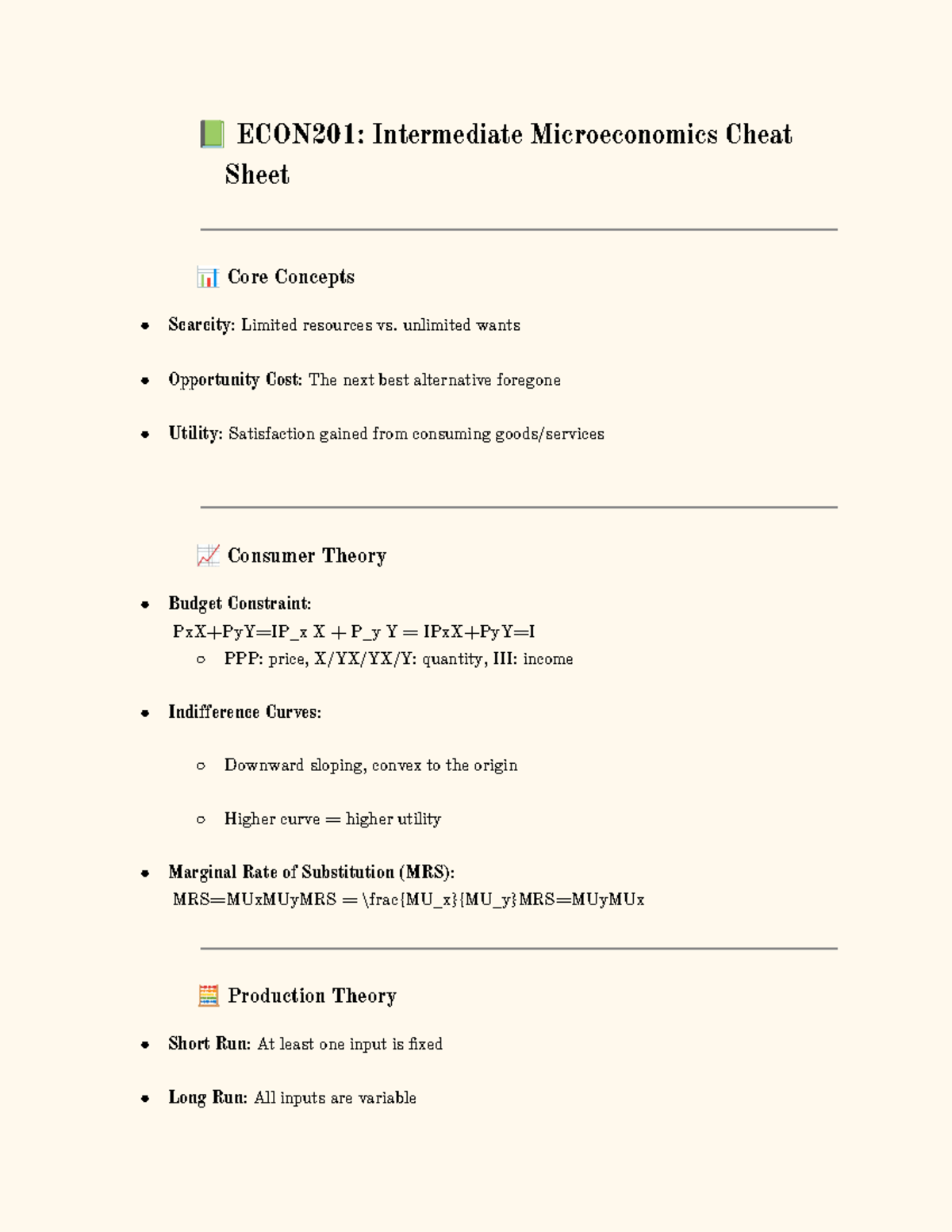 ECON201: Intermediate Microeconomics Core Concepts Cheat Sheet - Studocu