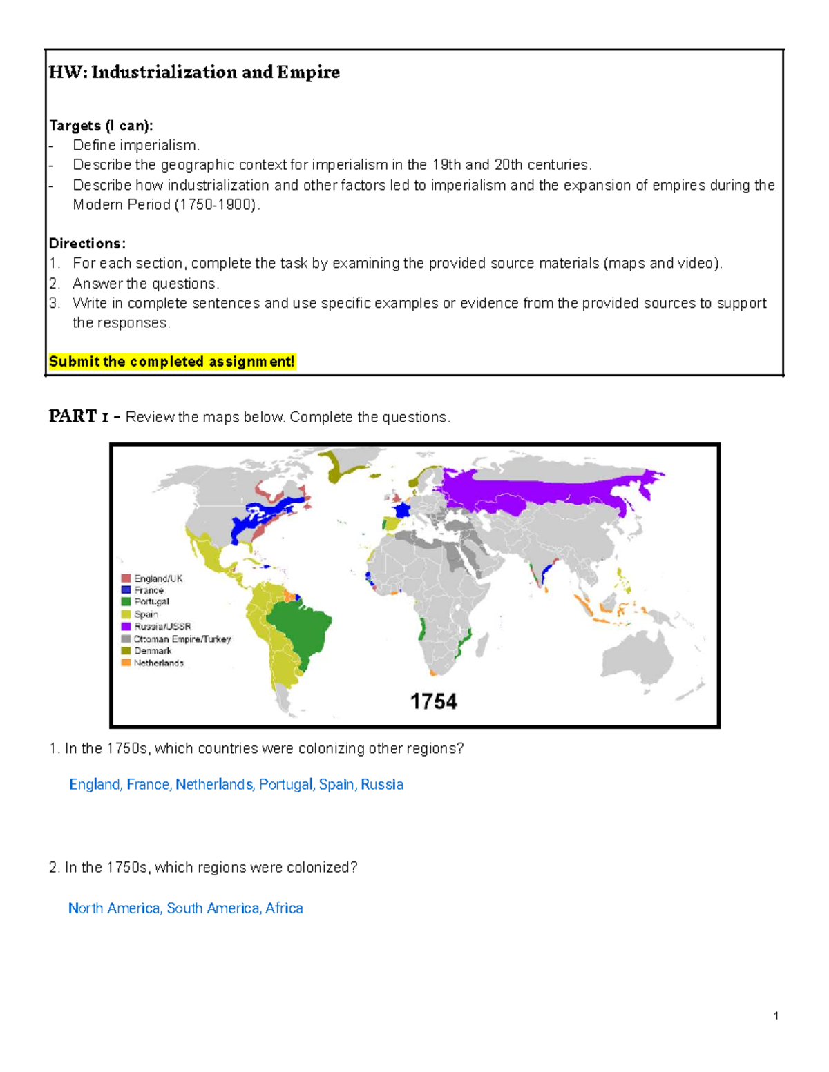 HW: Industrialization and Empire (HN) - Imperialism 1750-1900 Analysis ...
