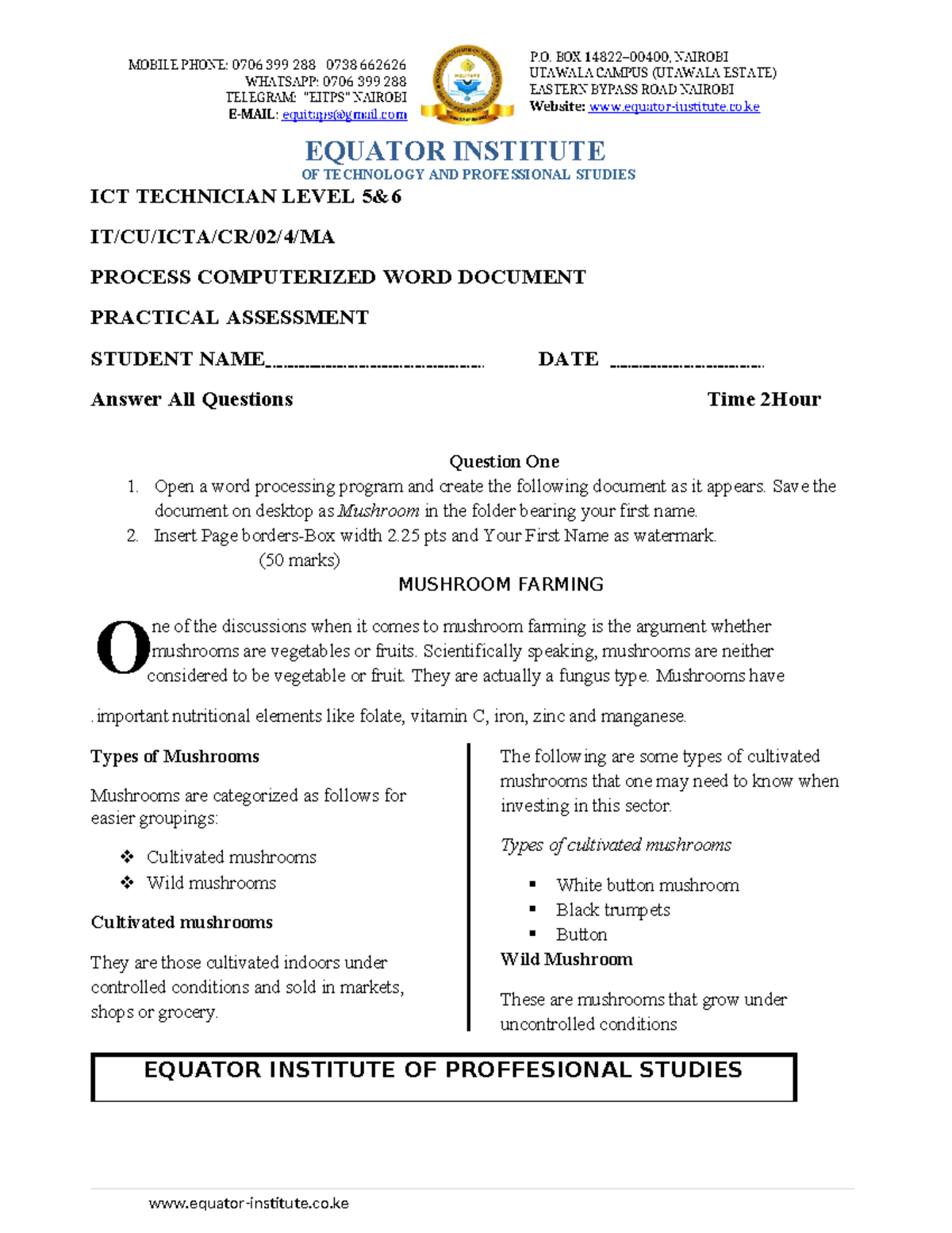 ICT Technician Level Practical Assessment: Computerized Word Document ...
