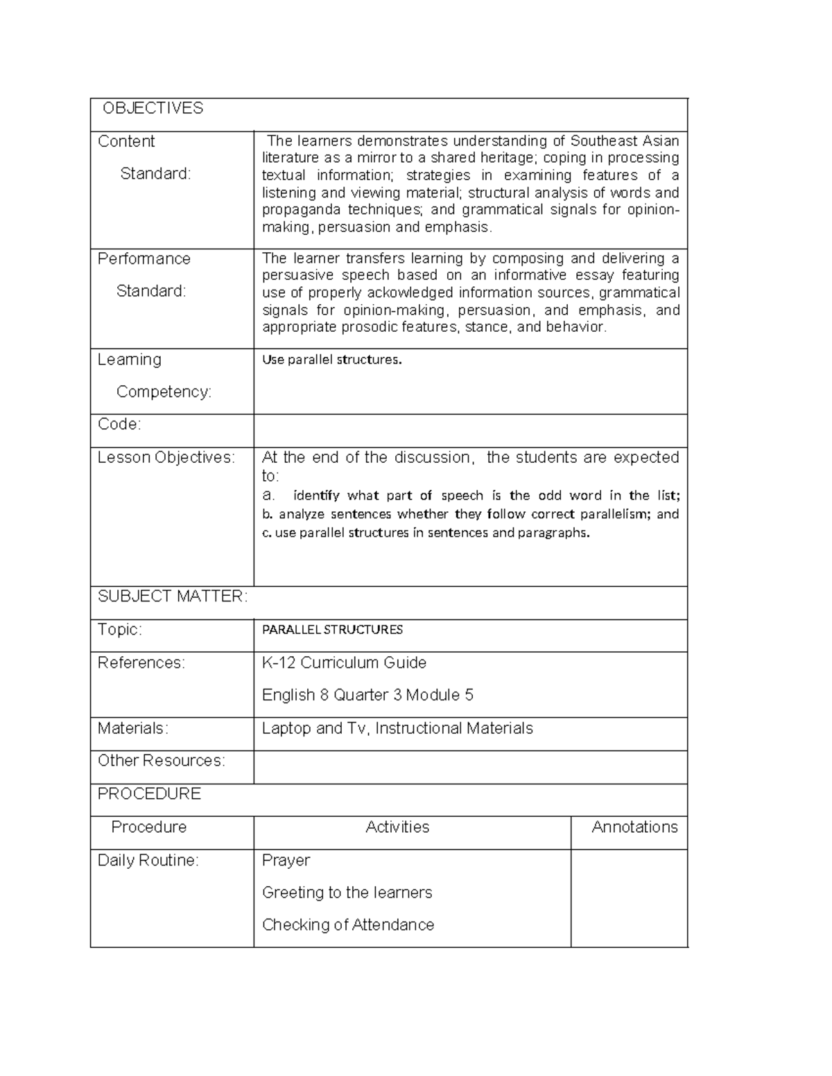 Lesson Plan 8 - English 8: Mastering Parallel Structures - Studocu
