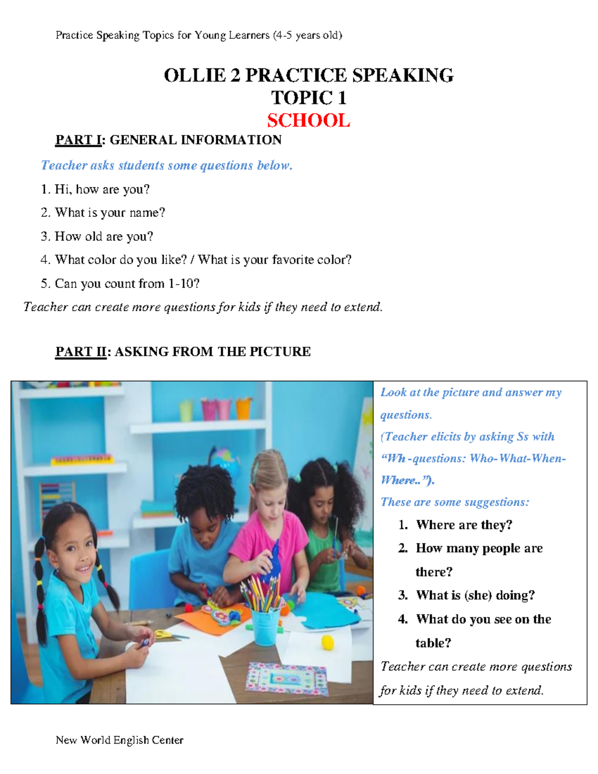 OLLIE 2 Practice Speaking Topics for Young Learners (Full Guide) - Studocu