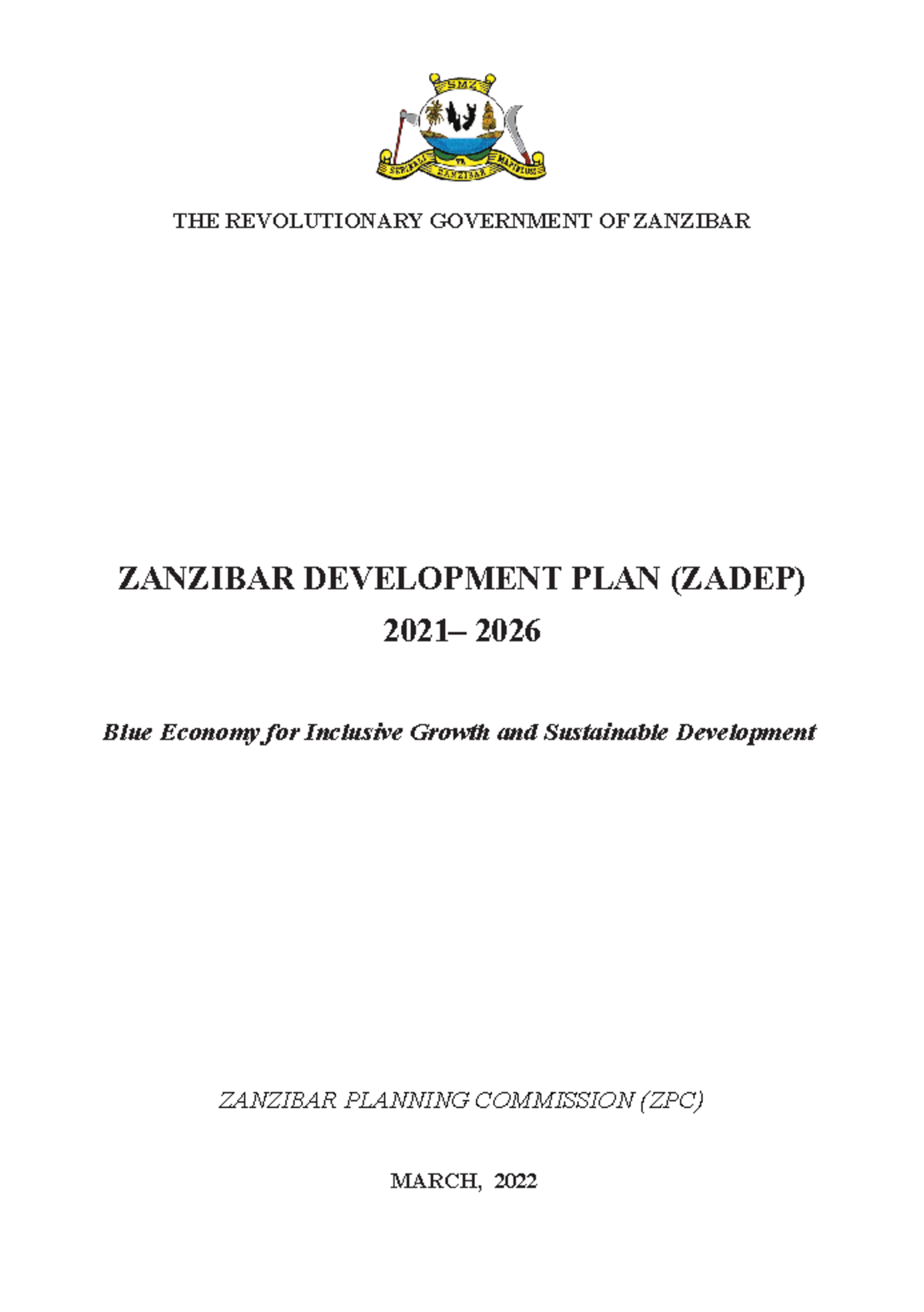 Zanzibar Development Plan (ZADEP) 2021-2026: Focus on Blue Economy ...