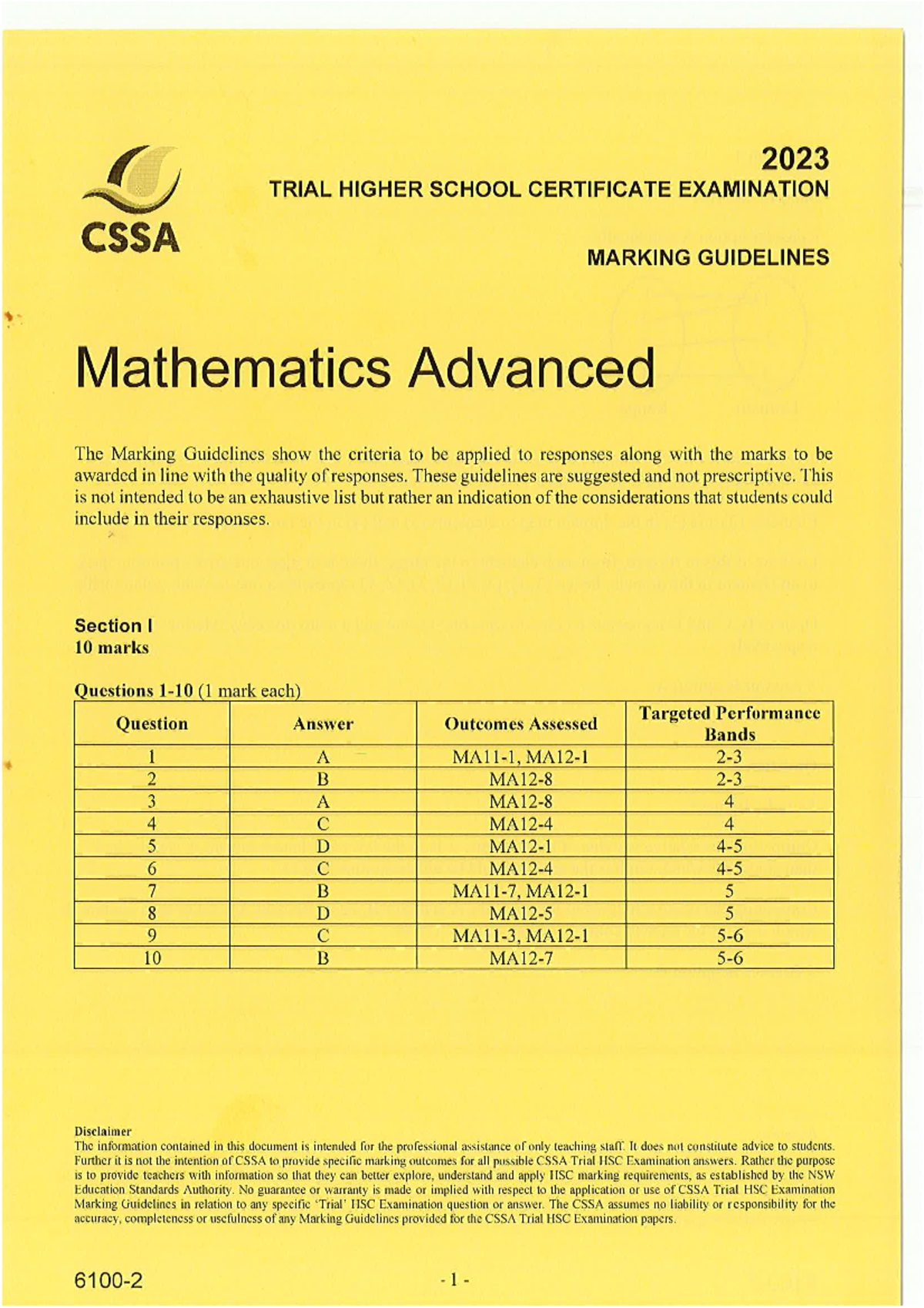 CSSA Advanced Mathematics Solutions Guide 2023 - Studocu