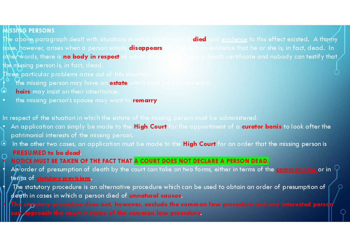 Chapter 4 Lecture 2: Presumption of Death in Missing Persons Cases - Studocu