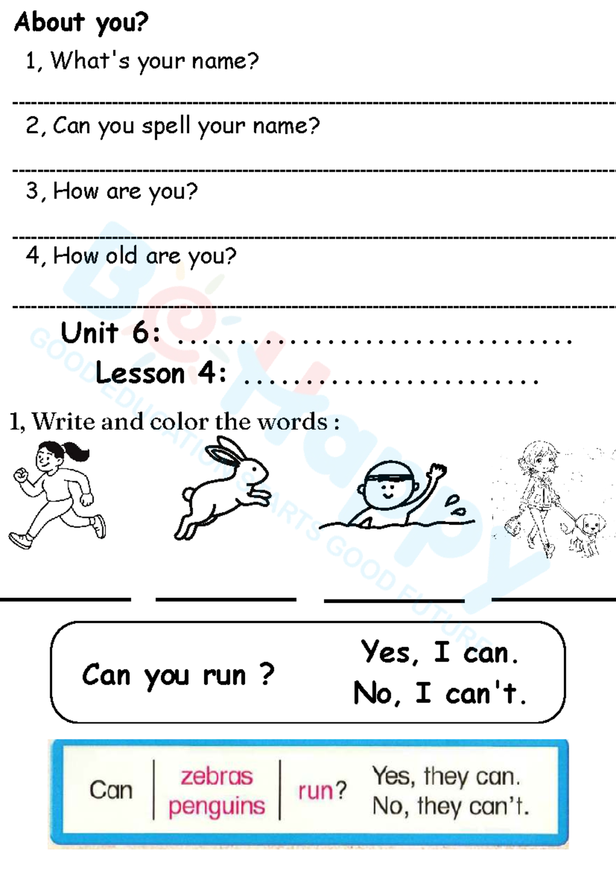 Up 1- Unit 6 the Zoo - Worksheet - History SL - 1, What's your name? 2 ...