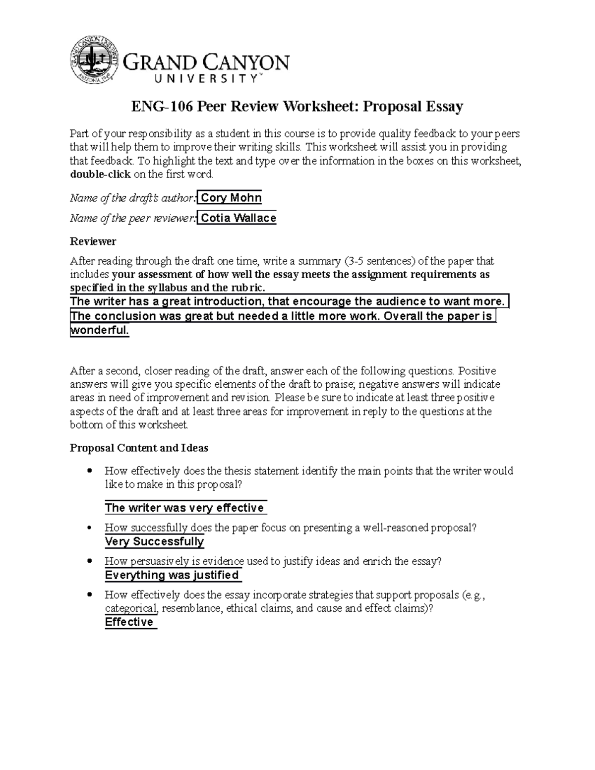 ENG106 Proposal Peer Review Worksheet - Peer Review Worksheet: Proposal ...