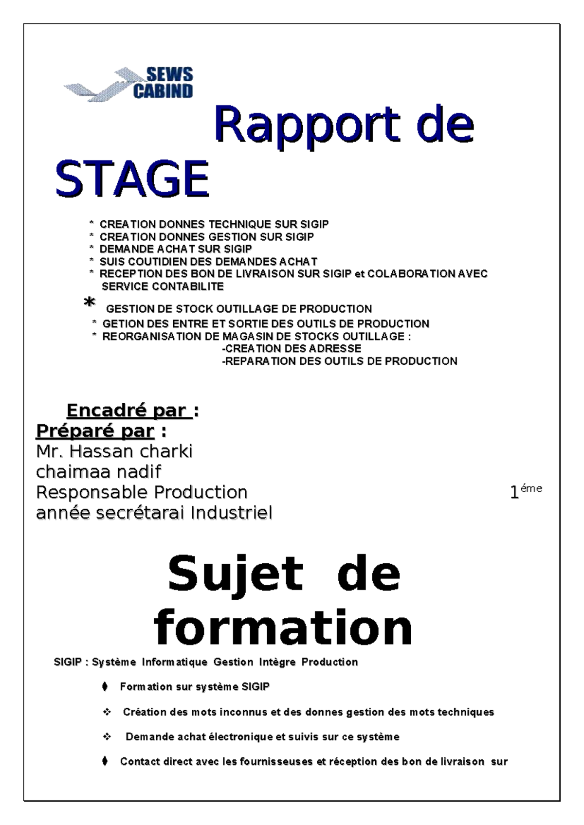 Rapport de Stage sur la Gestion des Outils de Production - SIGIP - Studocu
