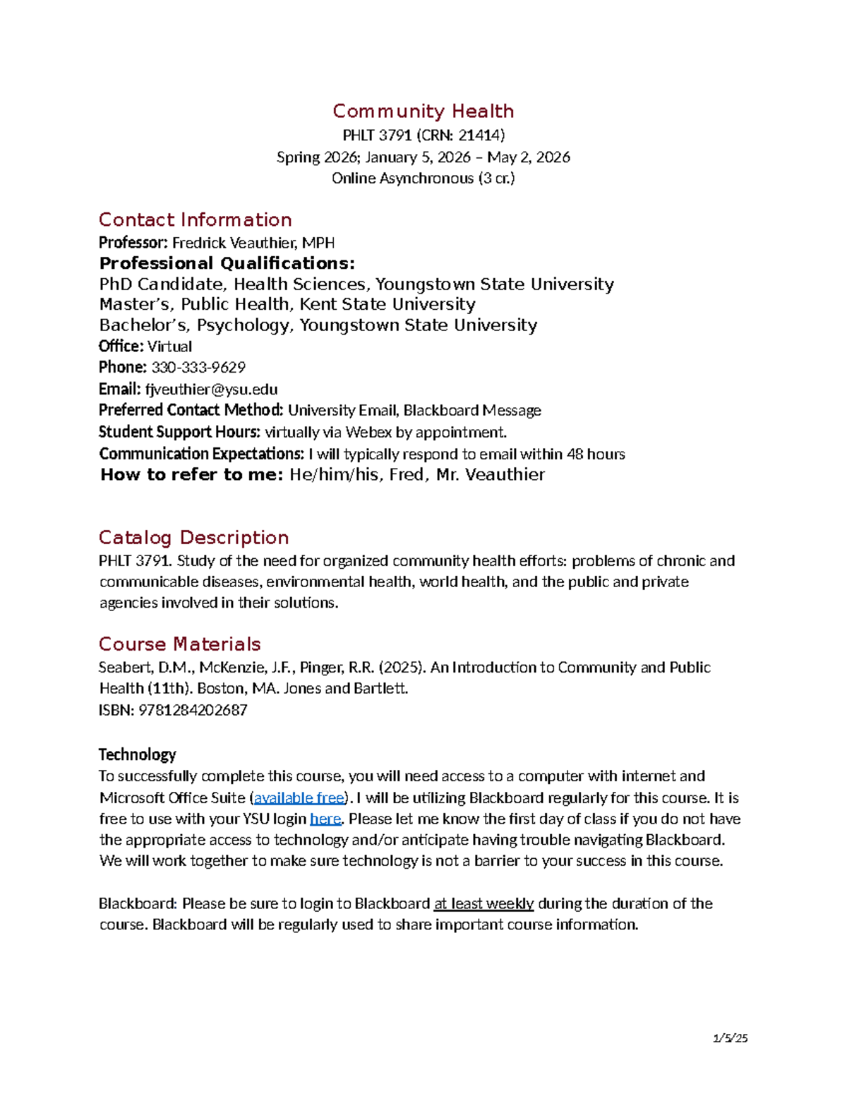 Community Health Course Overview PHLT 3791 Spring 2026 - Studocu