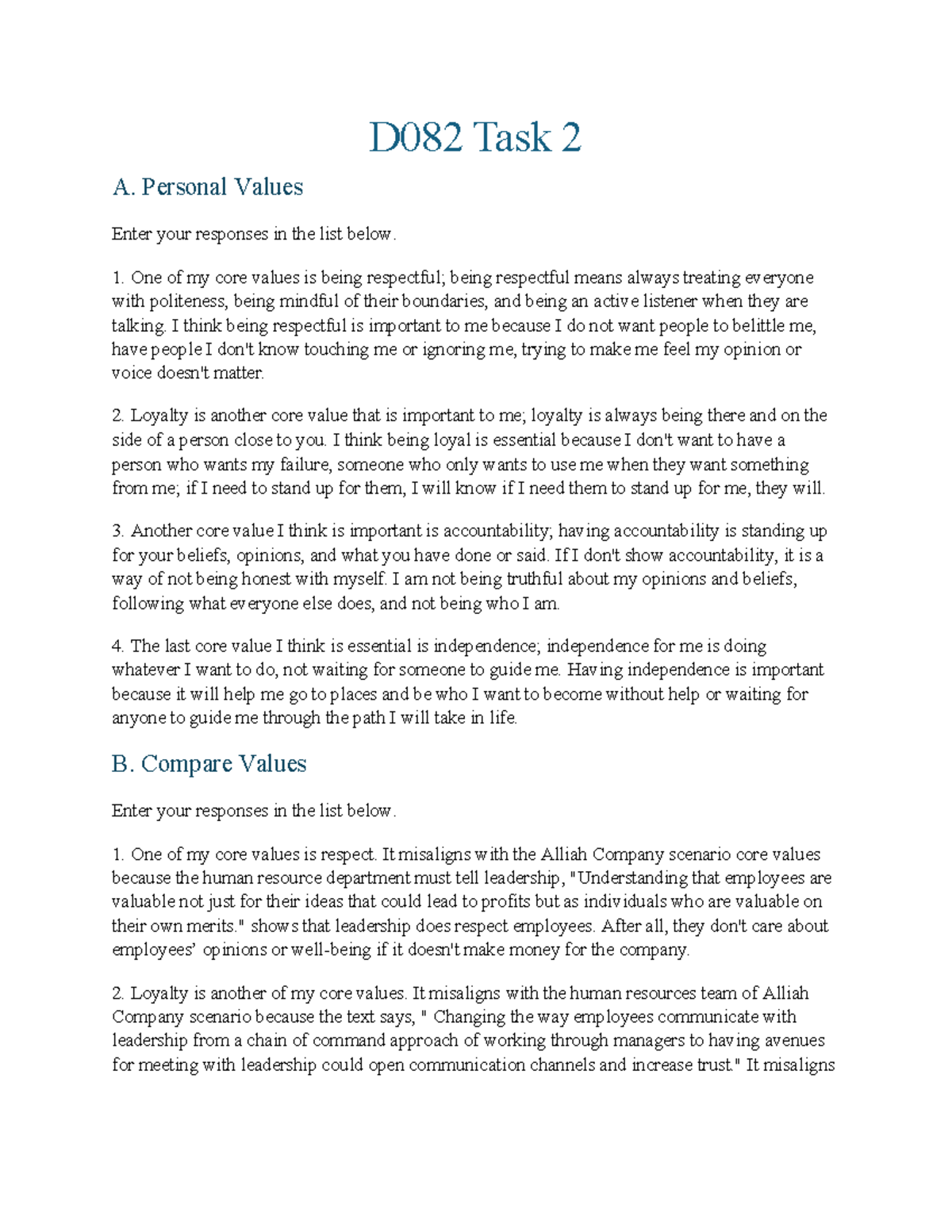 D082 Task 2 - Personal Values and Cultural Intelligence Analysis - Studocu