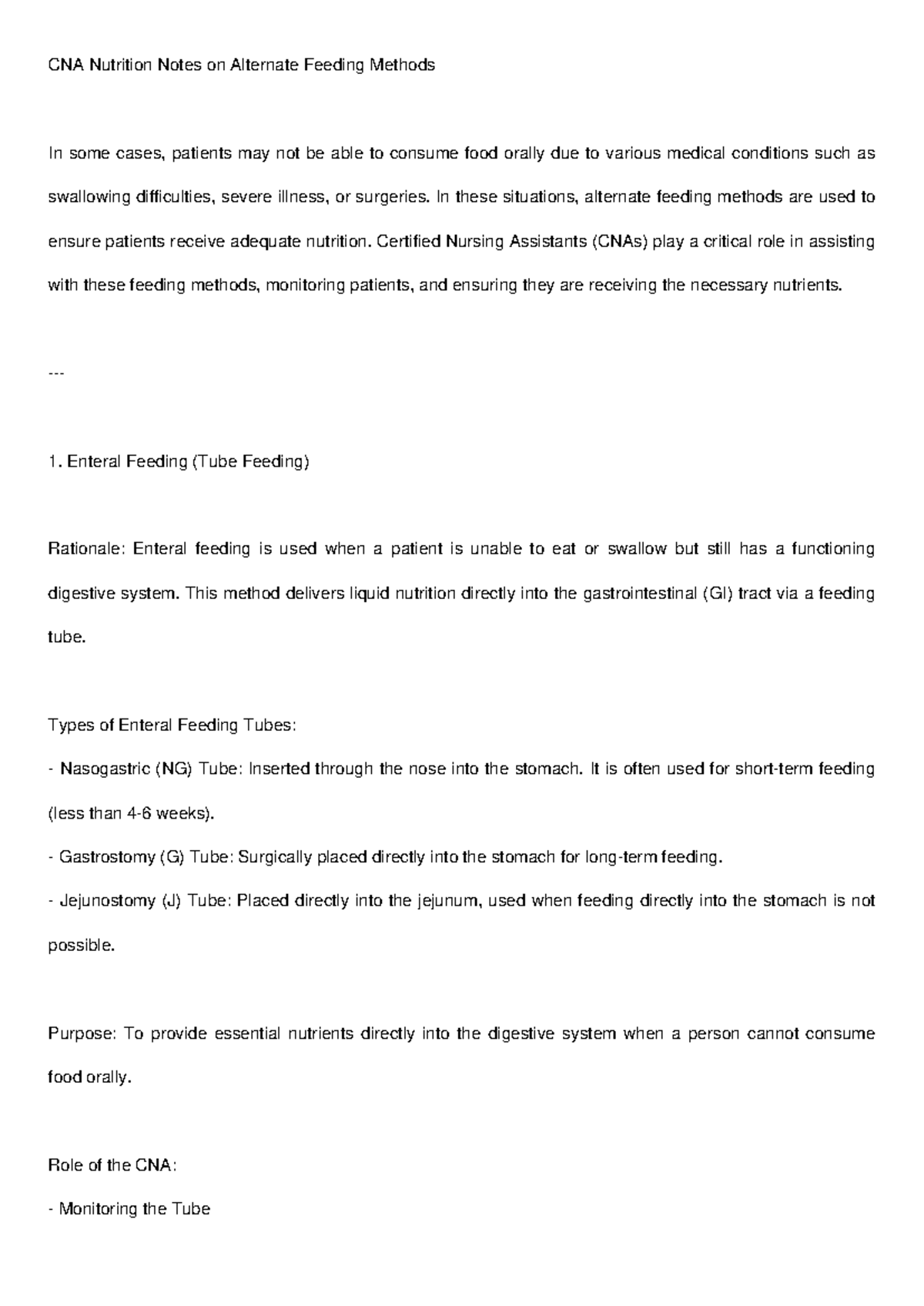 CNA Nutrition Notes: Alternate Feeding Methods Overview - Studocu