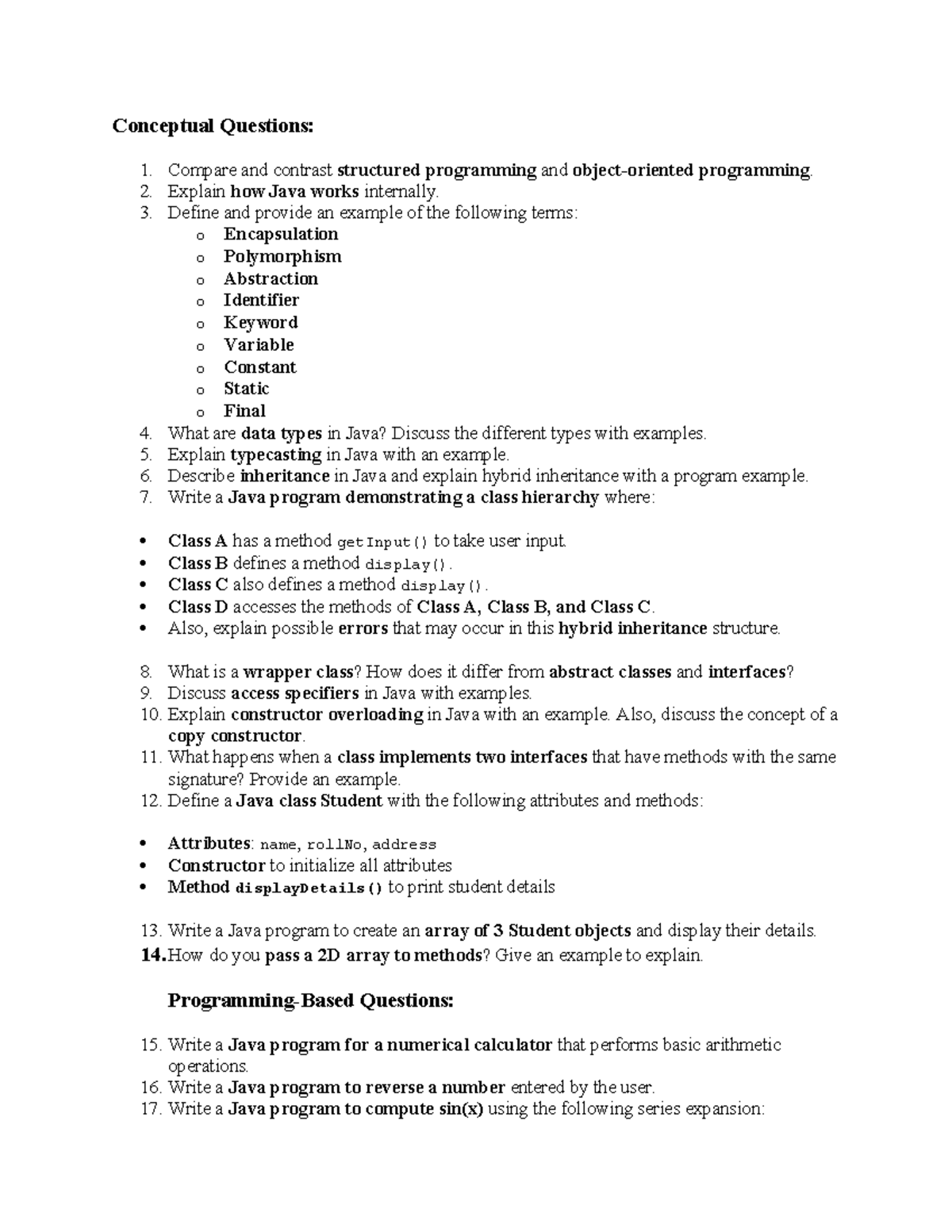 Java Question Bank: Concepts & Programs for CS101 Final Exam - Studocu