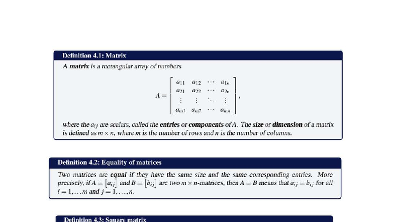 Matrix Definitions and Properties Summary - MATH 101 - Studocu