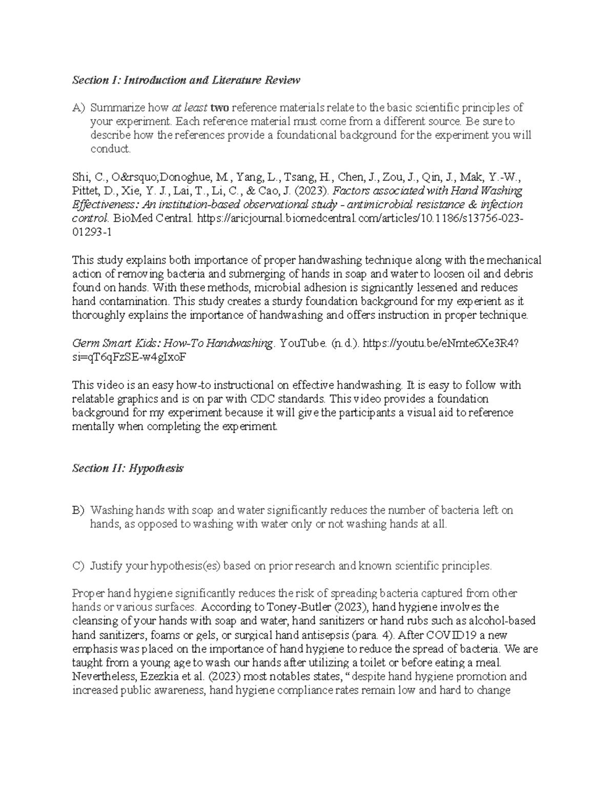 C683 Handwashing Experiment - Section I: Introduction and Literature ...