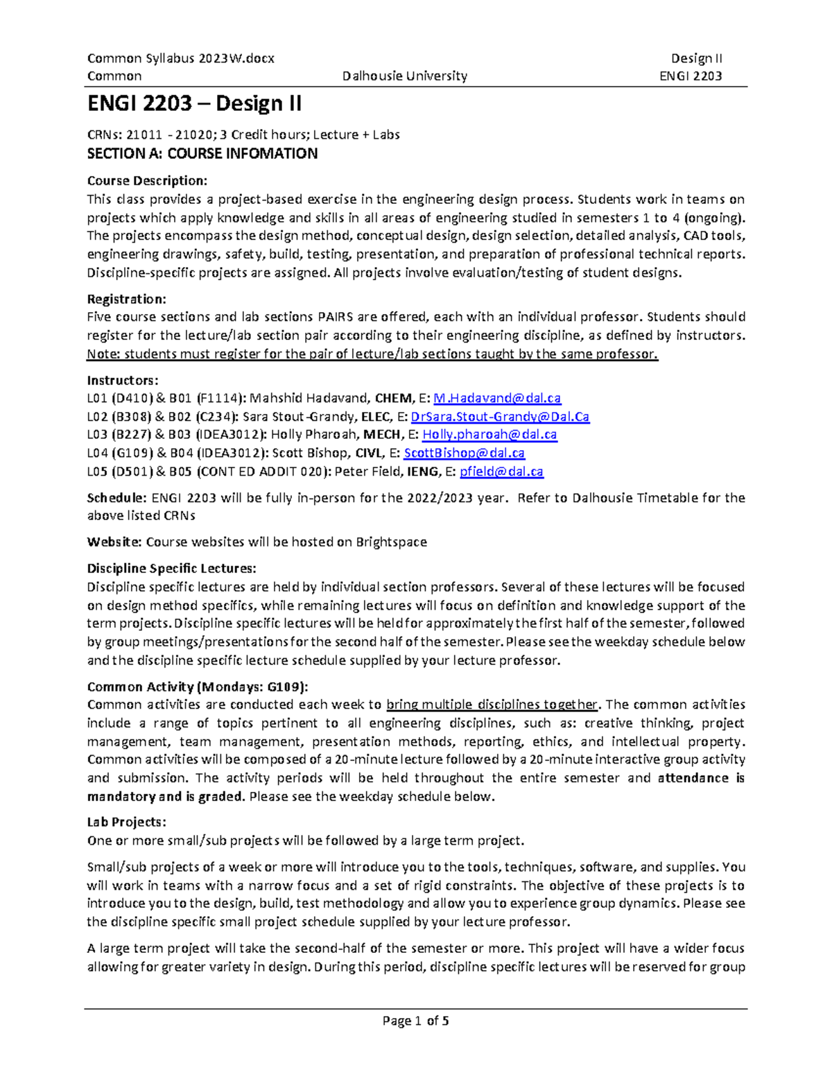 ENGI 2203 - Common Syllabus for Design II (2023W) - Studocu