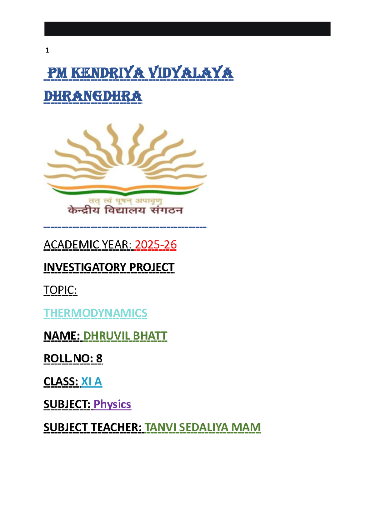 Investigatory Project on Thermodynamics - Class XI A (Physics) - Studocu
