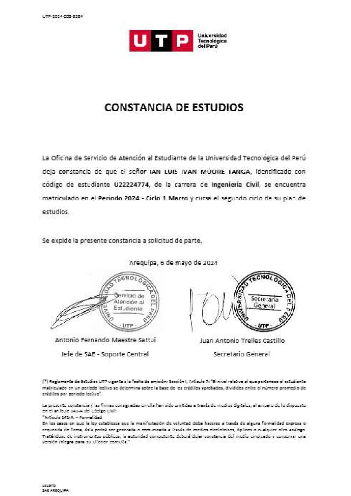 UTP Constancia de Estudios - Ingeniería Civil, Ciclo 1, 2024 - Studocu