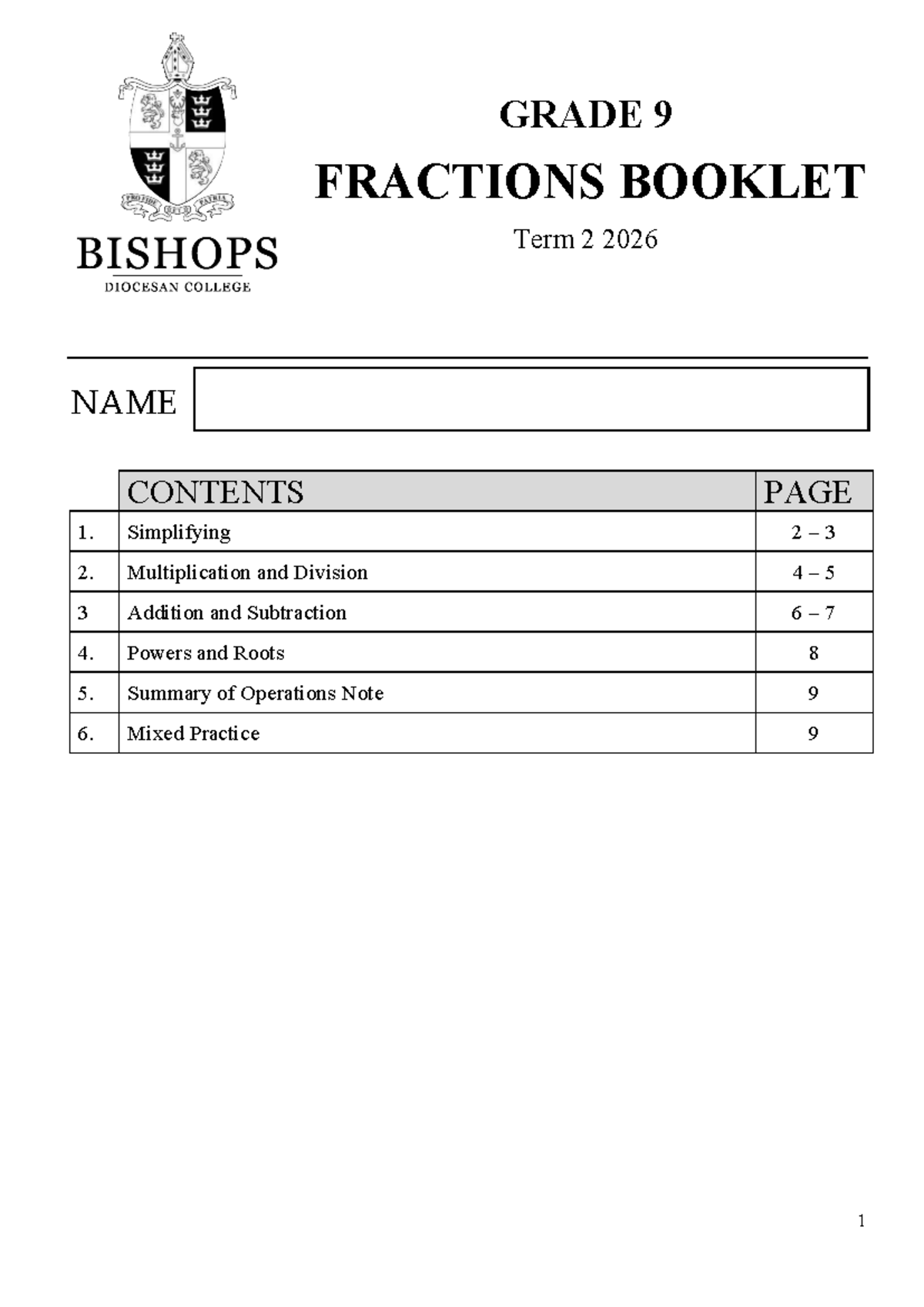 G9 Fractions Booklet Term 2 2026 (JVZ) - Simplifying & Operations - Studocu