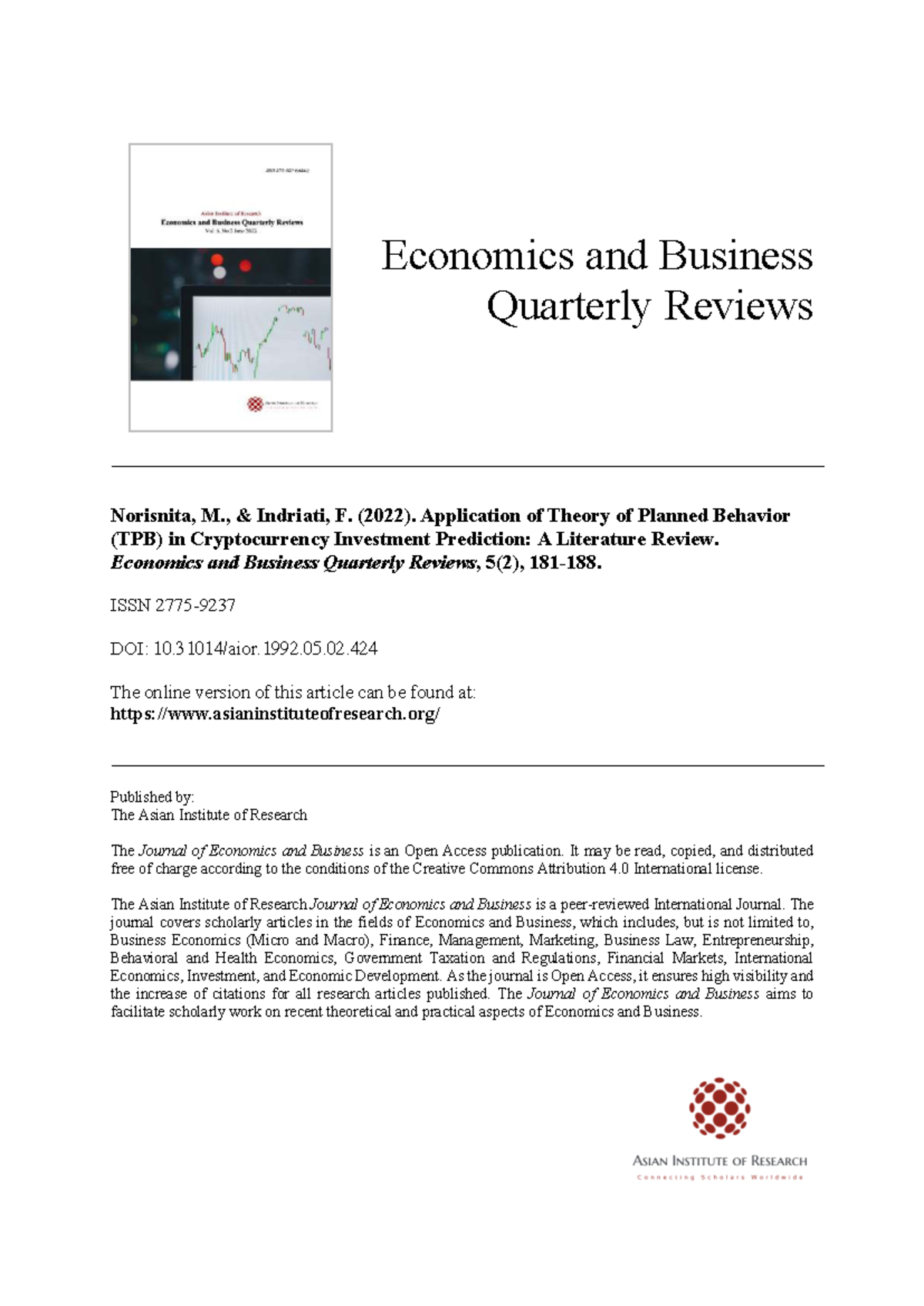 TPB Application in Cryptocurrency Investment: A Literature Review (ECO ...
