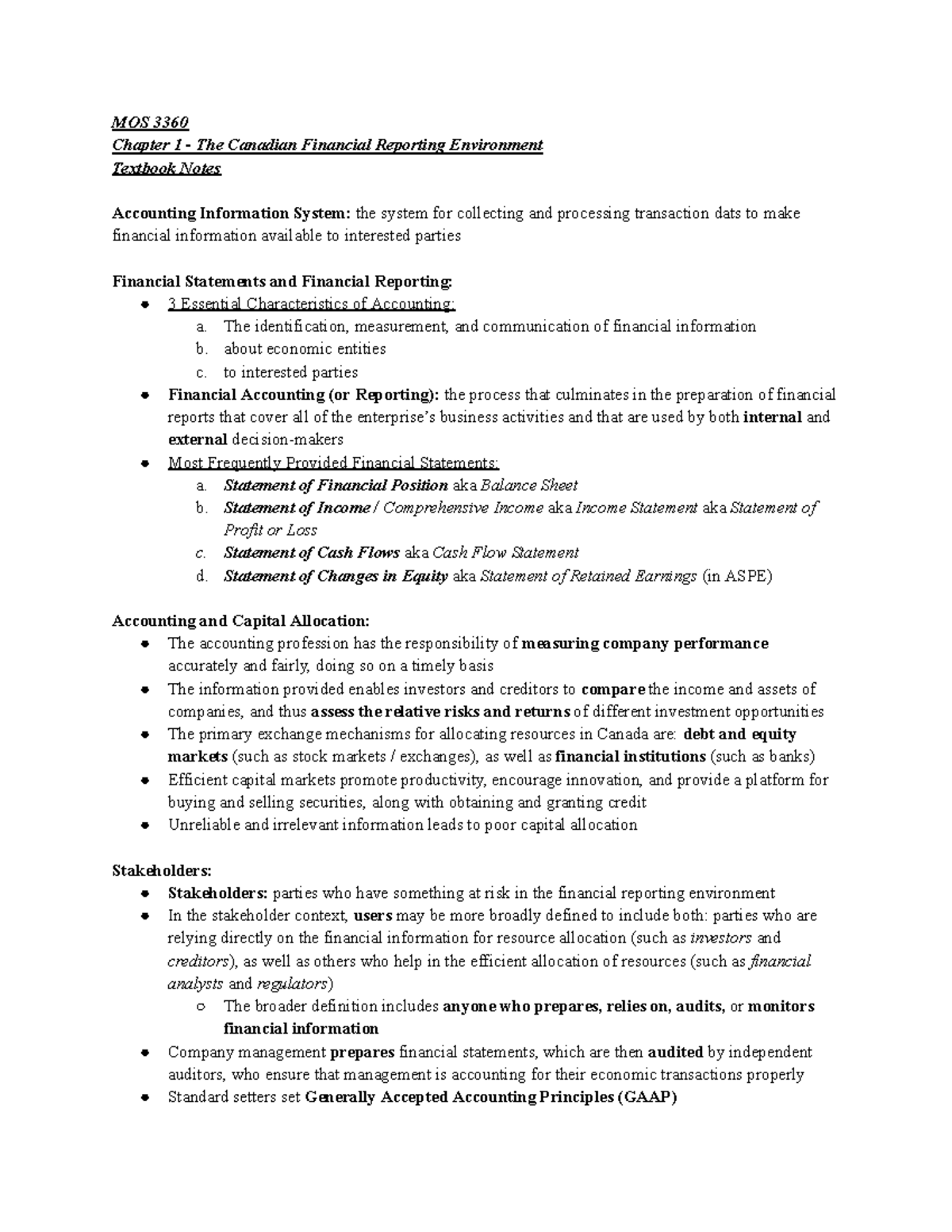 MOS 3360 Chapter 1: Overview of the Canadian Financial Reporting ...