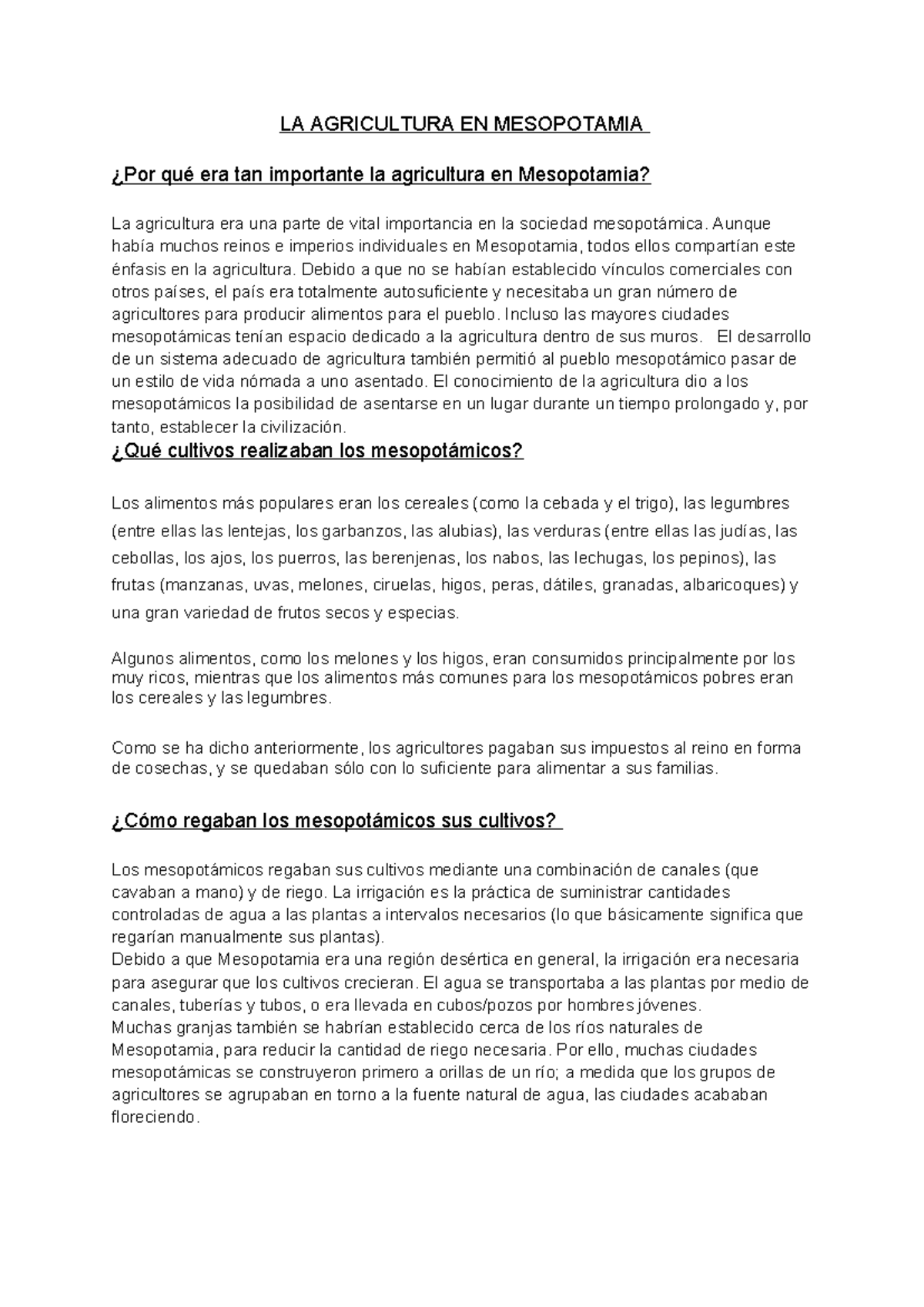La Agricultura en Mesopotamia: Importancia y Técnicas de Cultivo - Studocu