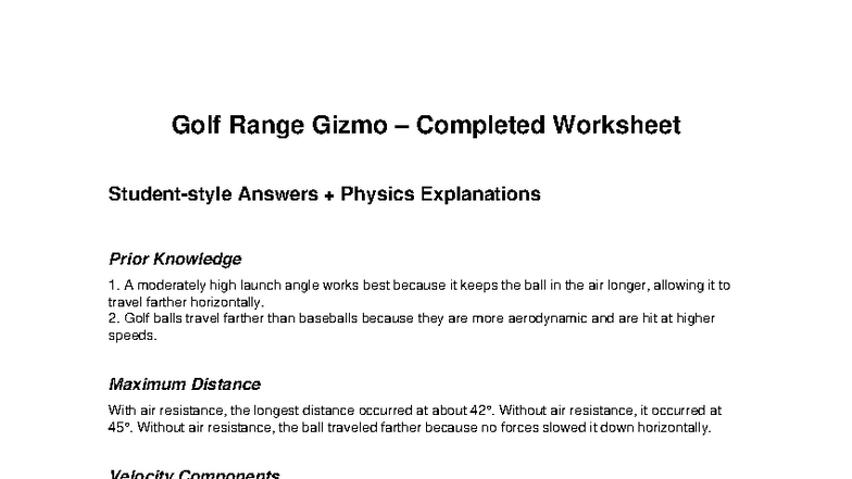 Golf Range Gizmo Completed Worksheet Answers - Physics Insights - Studocu