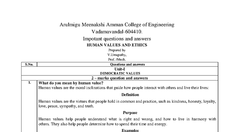 HVE- Important Questions & Answers on Human Values and Ethics - Studocu