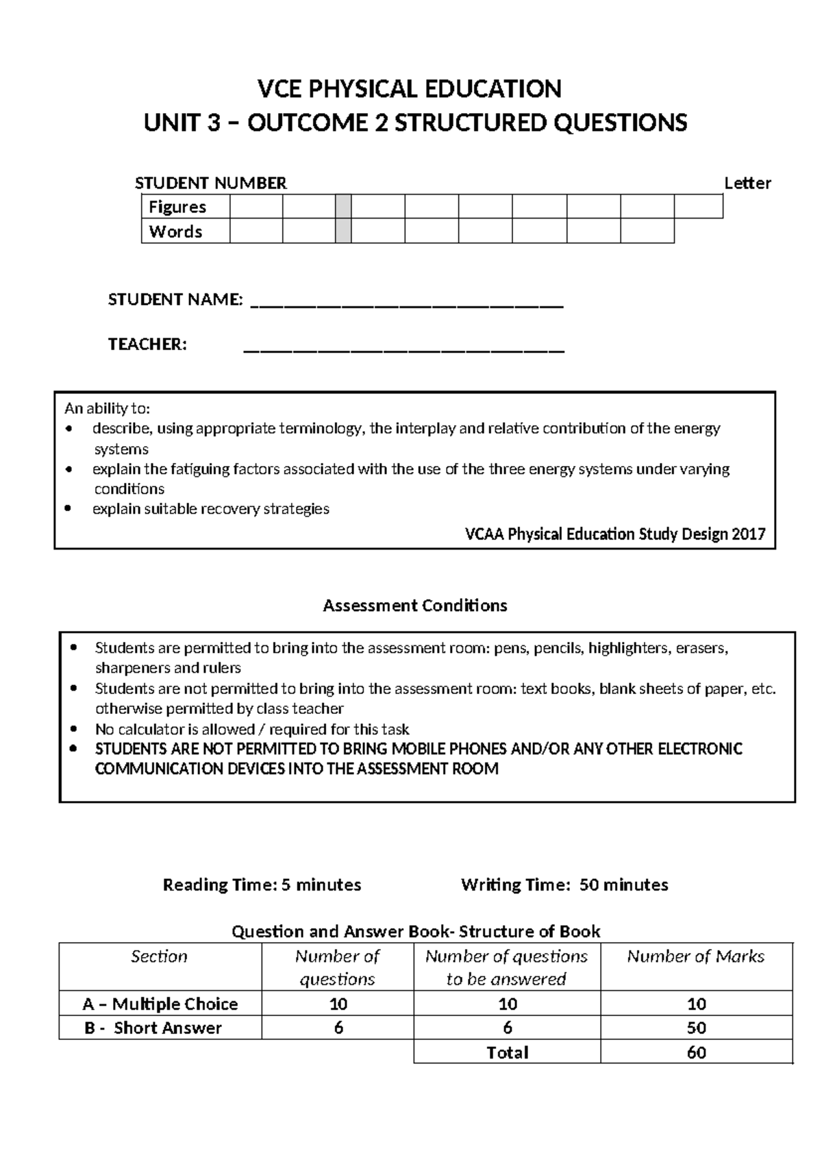 VCE PE Unit 3 Outcome 2 Structured Questions Assessment Guide - Studocu