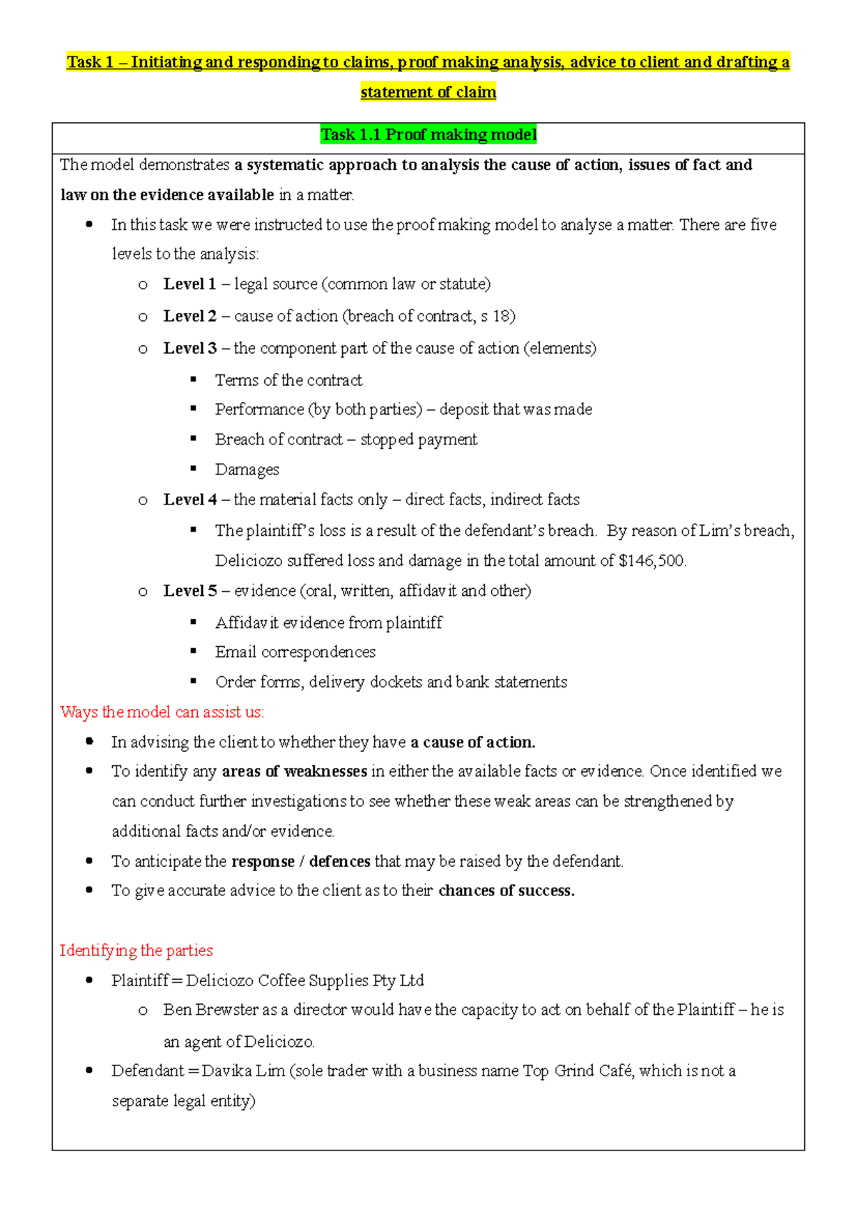 Civil Litigation (LAW101) Oral Assessment Notes: Claims & Proof ...