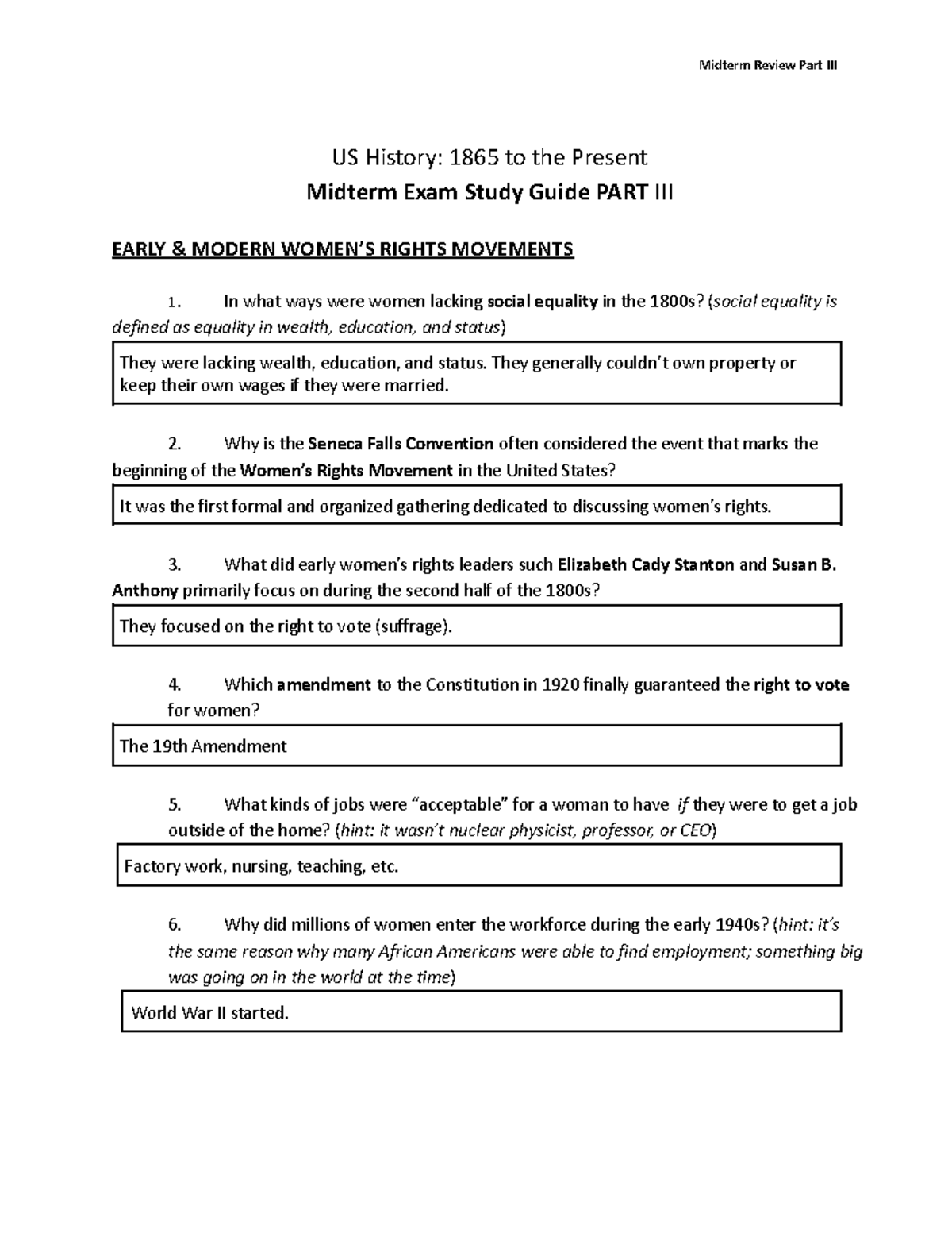 US History Midterm Review: Women's Rights Movements (1865-Present ...