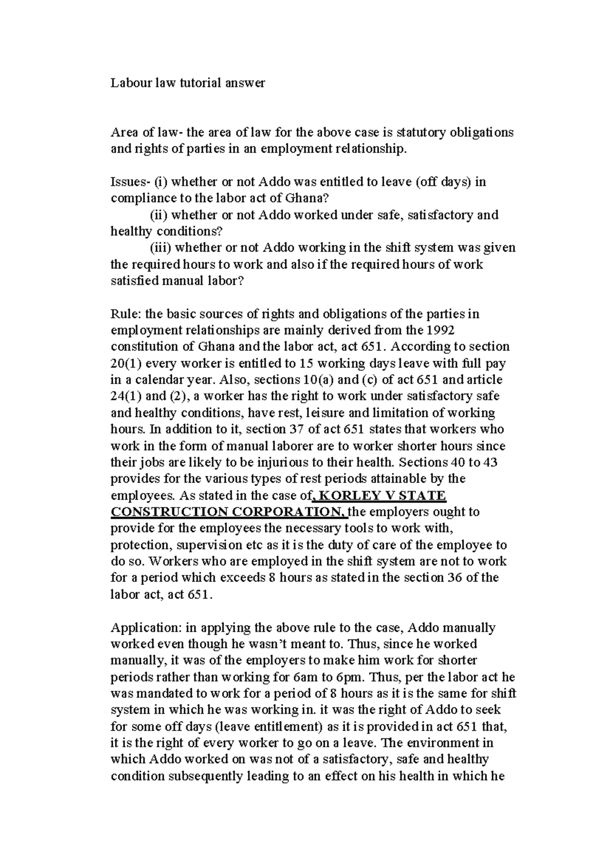 Labour and Employment Law Tutorial Answer: Case Analysis on Addo - Studocu
