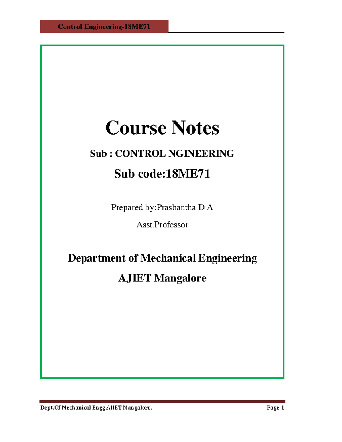 Control Engineering Notes (18ME71) - Key Concepts and Models - Studocu
