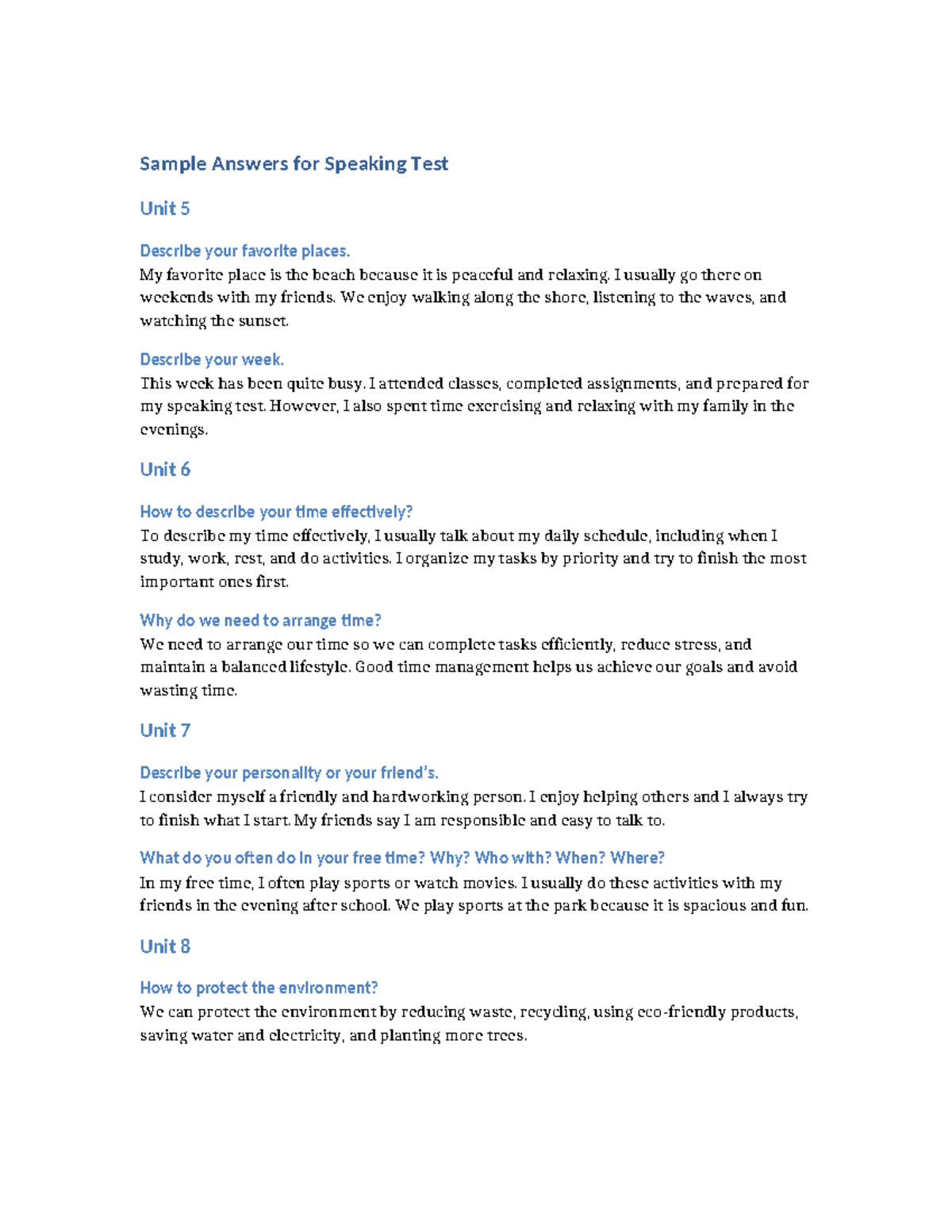 Sample Answers for Speaking Test Units 5-8: Favorite Places & Time ...