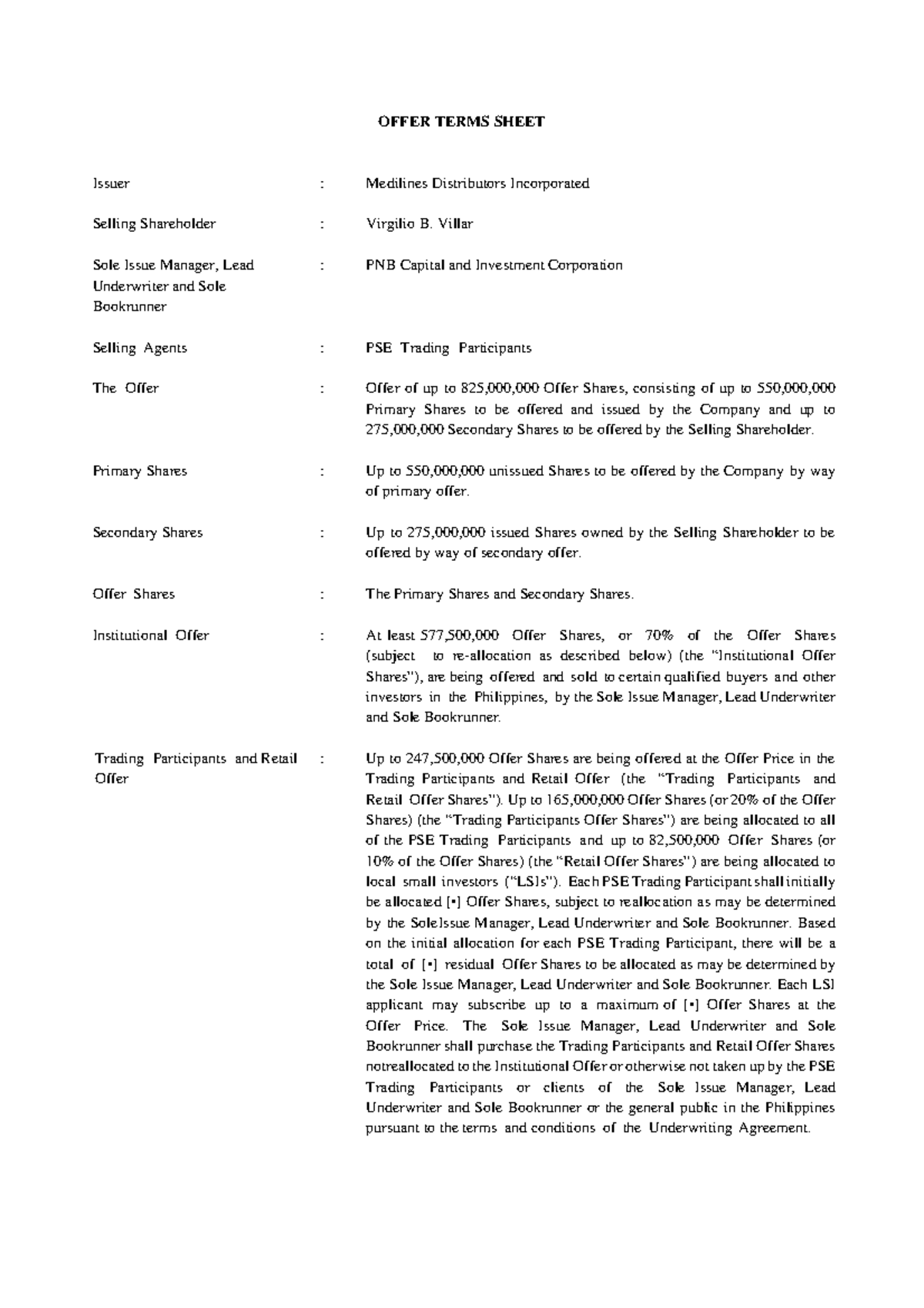 Signed Preliminary Terms of the Offer - OFFER TERMS SHEET Issuer ...