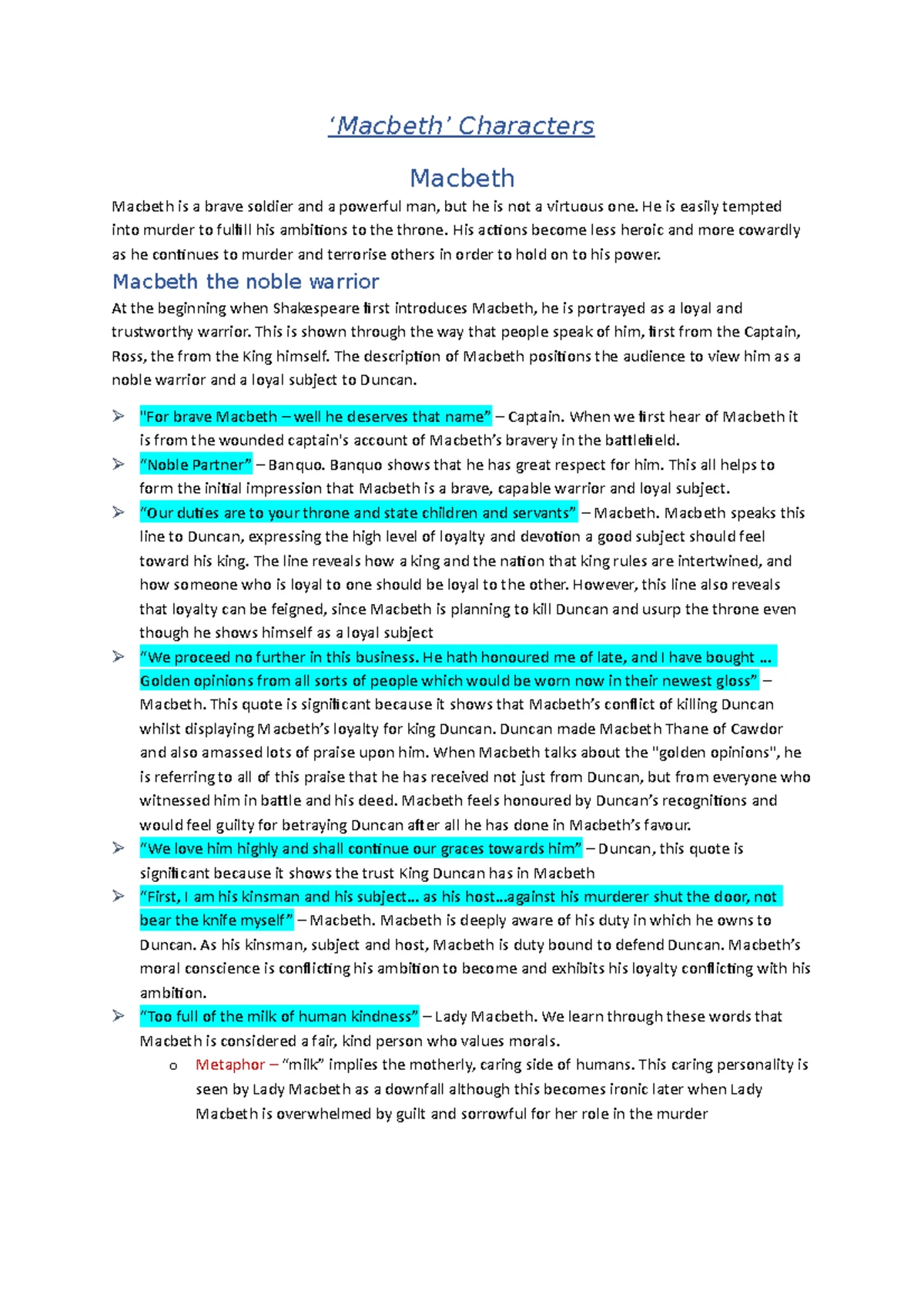 OZO1 macbeth external exam 2 - ‘Macbeth’ Characters Macbeth Macbeth is ...
